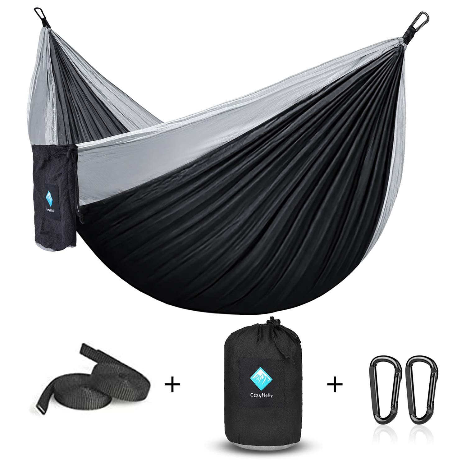 Camping Hammock, Single Hammocks Portable Parachute for Outdoor Hiking Travel Backpacking - 210D Nylon Hammock Swing for Backyard & Garden 55''W*108''L (Black/Gray)