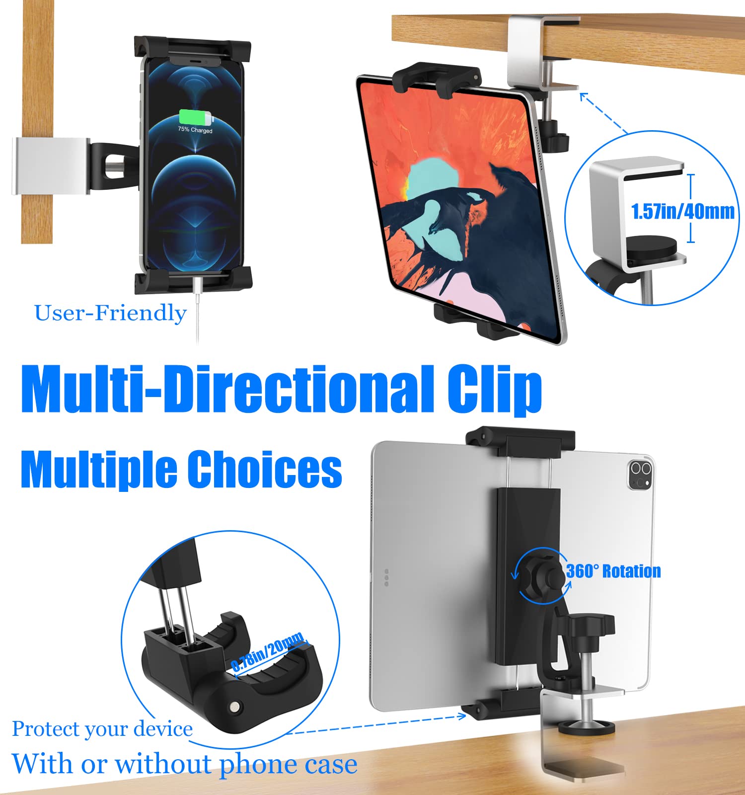 Charchendo Kitchen Tablet Mount, Universal Cabinet Tablet Phone Holder Clamp Stand and 360° Adjustable Compatible with iPad Pro 12.9 11 10.5, Air Mini, Samsung Tab and All 5.5-12.9 inch Devices