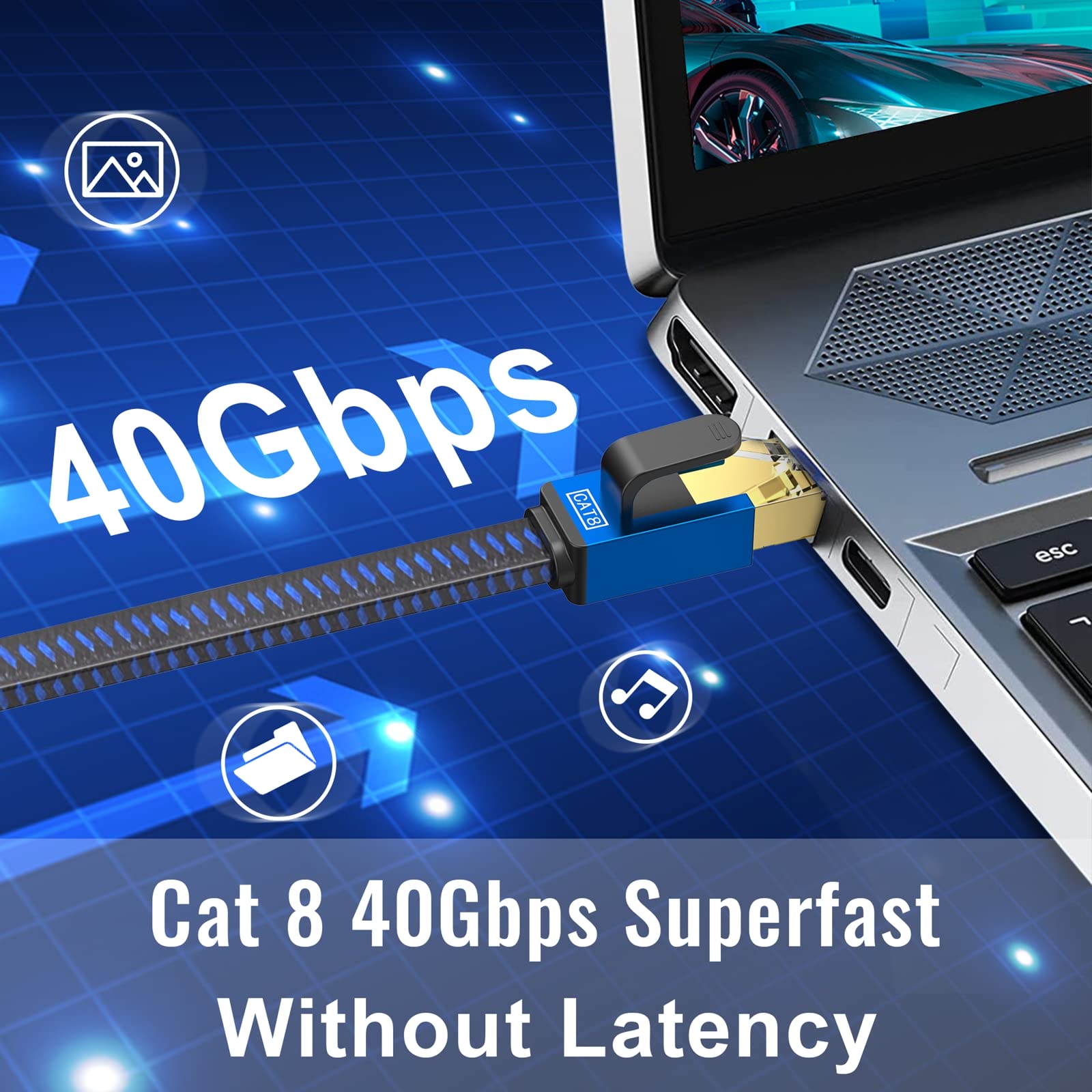 LEKVKM Cat 8 Ethernet Cable 50 FT High Speed Long Internet Cable Nylon Braided Network Cable RJ45 Connectors SSTP Shielded Flat LAN Cable Cat8 ethernet Cables 50feet for PC