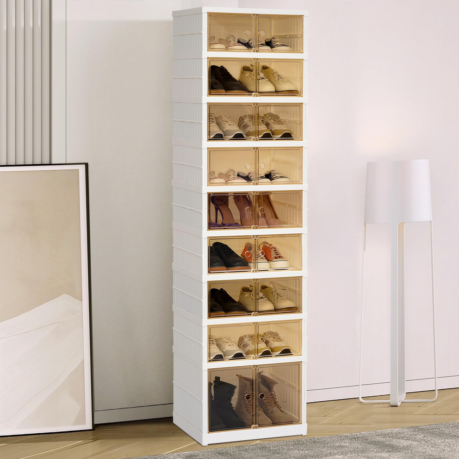 GARPROVM Shoe Rack Organizer for Closet, Shoe Storage Box with Large Storage Containers, Easy Assembly Shoe Cabinet with Lids 9 Tiers 18 Pairs
