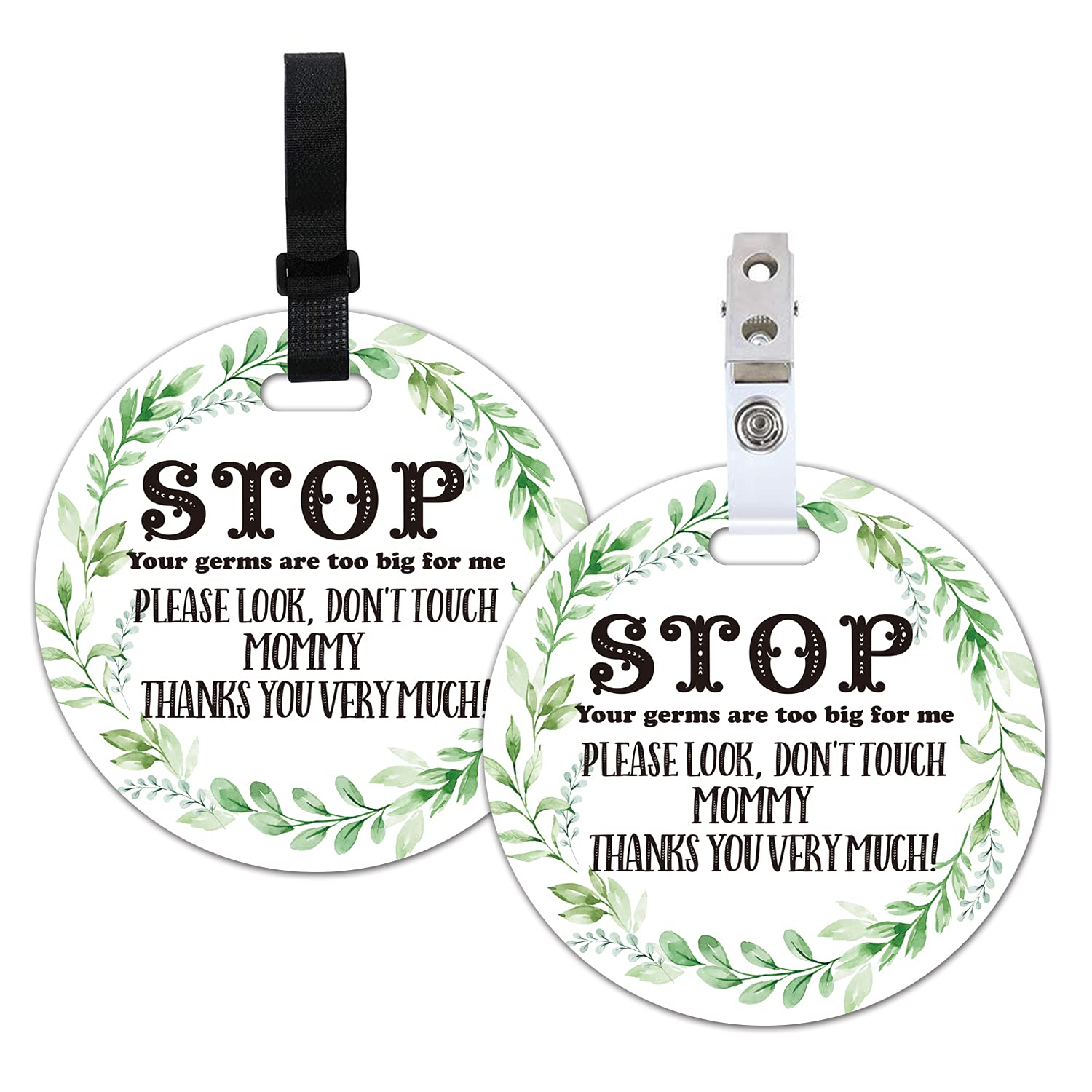 Do Not Touch Baby Signs, 2 Pack Greenery Stop No Touching Baby Car Seat Sign or Stroller Tag, Baby Car Safety Signs Tags for Newborn Baby Stroller Backpack. (5 Inches)