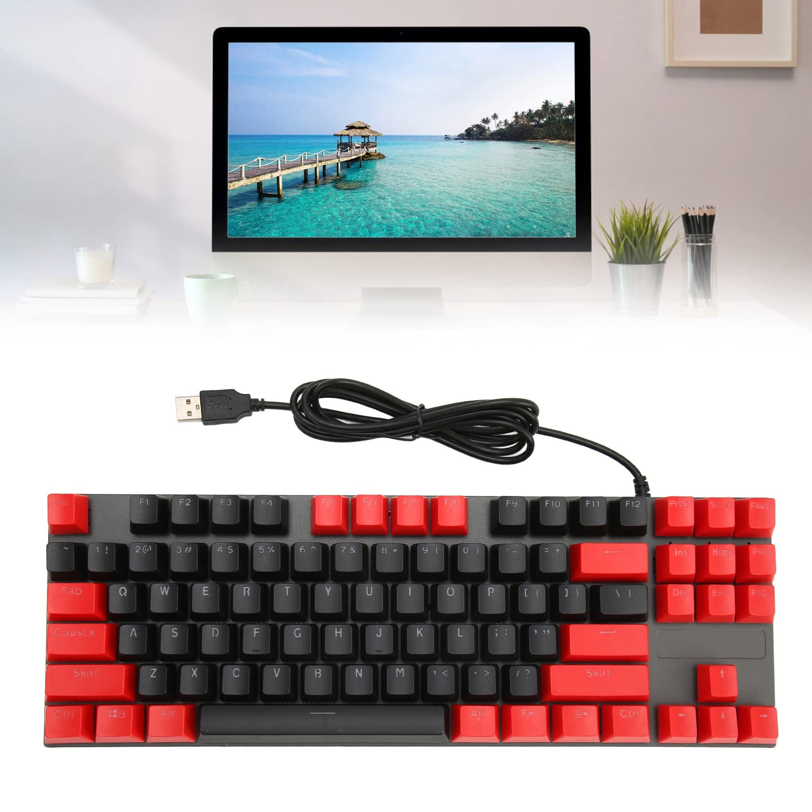 Garsentx Mechanical Gaming Keyboard, 87 Keys Waterproof Blue Switch USB Wired Office Keyboard with RGB Breathing Backlit, Quick Response, for Laptop Desktop PC (Wired Black Red)