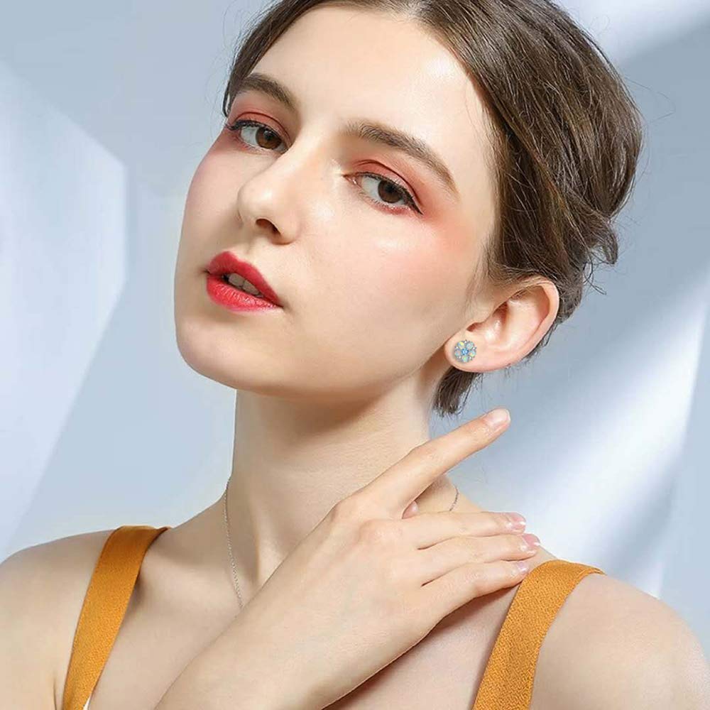 CiNily Flower Earrings,Blue Opal Stud Earrings Sterling Silver Plated Ladies Flower Stud Earrings Cute Unique Earrings