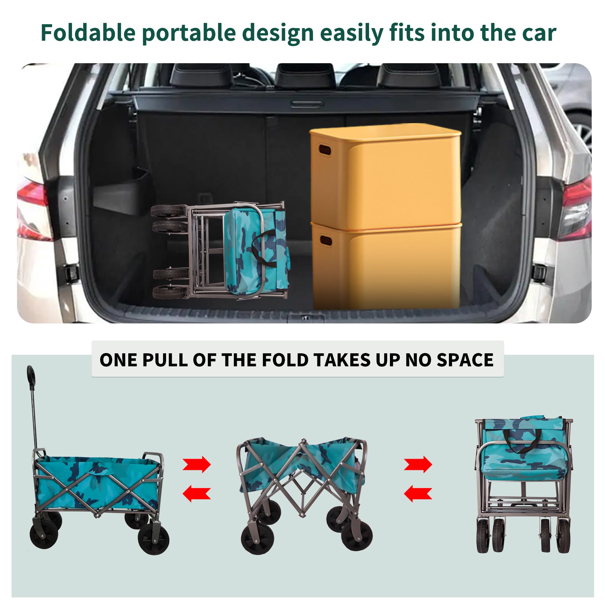 Collapsible Foldable Wagon,Portable Utility Folding Wagon with 360 Degree Swivel Wheels & Adjustable Handle,180lbs Weight Capacity for Beach, Sports,Shopping,Outdoor Activities,Camping