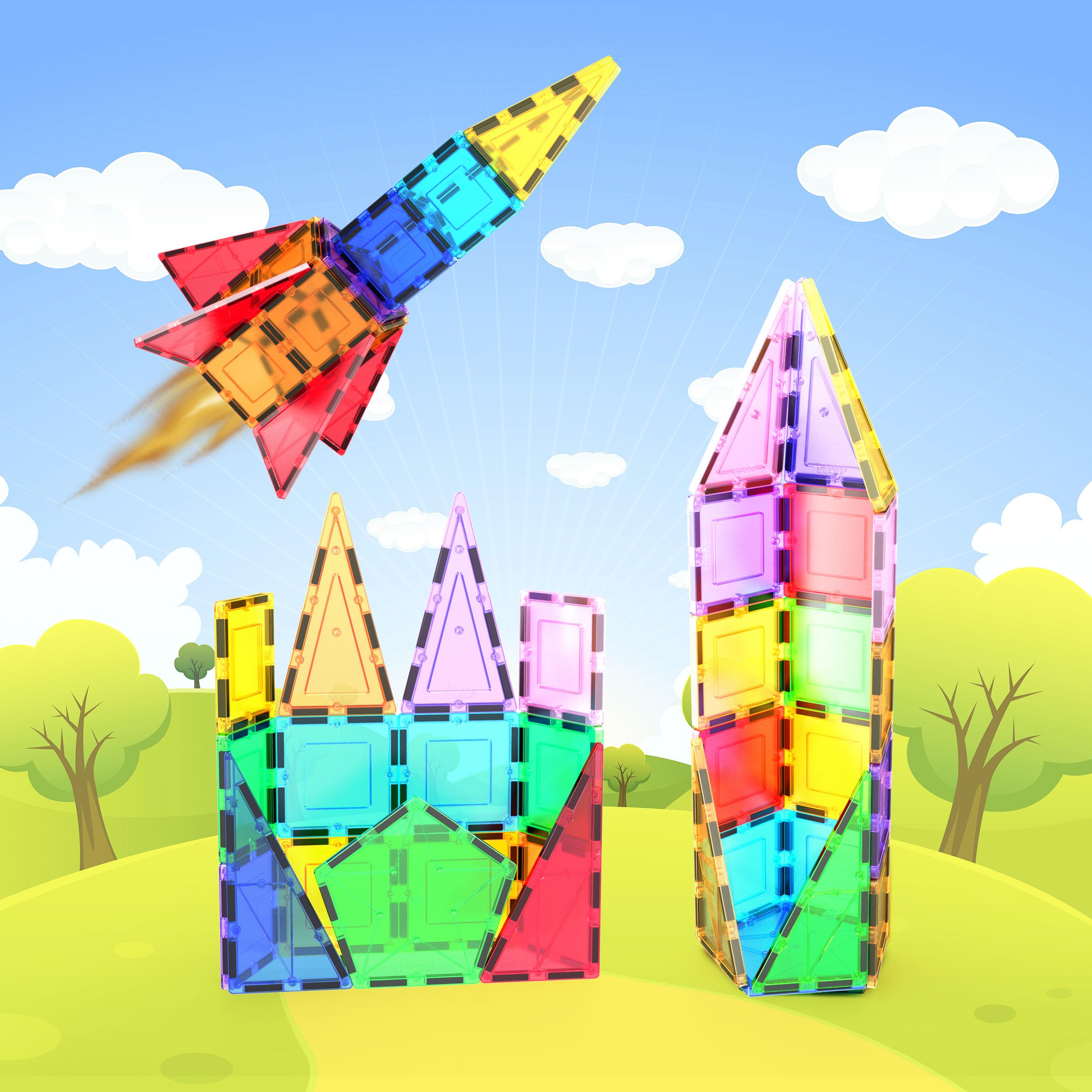 PicassoTiles Magnetic Building Block Rocket Booster Theme Set Magnet Construction Toy Educational Kit Engineering STEM Learning Playset Child Brain Development Stacking Blocks Playboard PT32