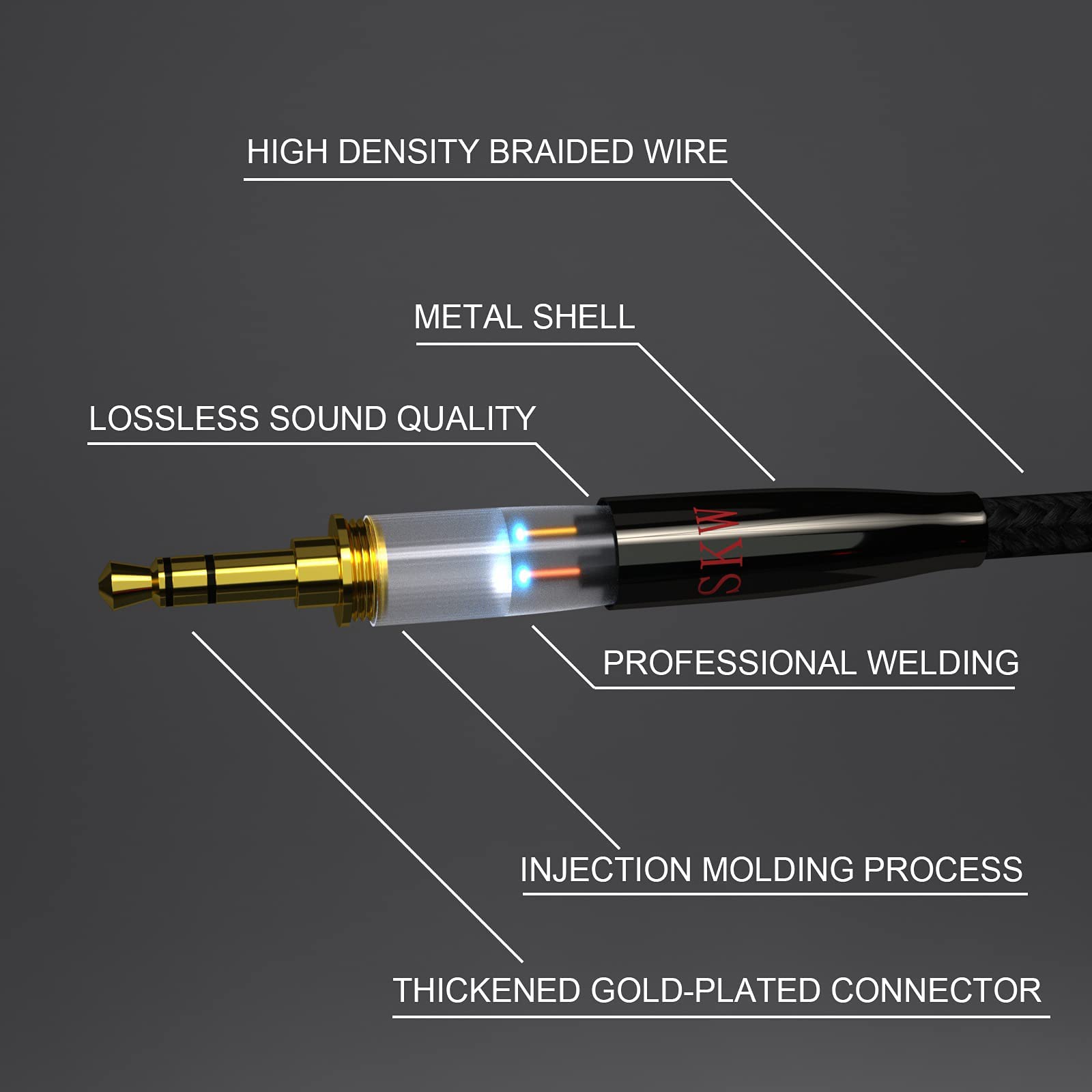SKW Aux Cable for Car(Hi-Fi Sound),3.5 mm to 3.5 mm Stereo Audio Cable, 1/8″ Jack Cord, Headphone Cable for Home Stereo,iPhone,iPod,IPad,Echo Dot,Sony & More (Right Angle,10ft/3M)