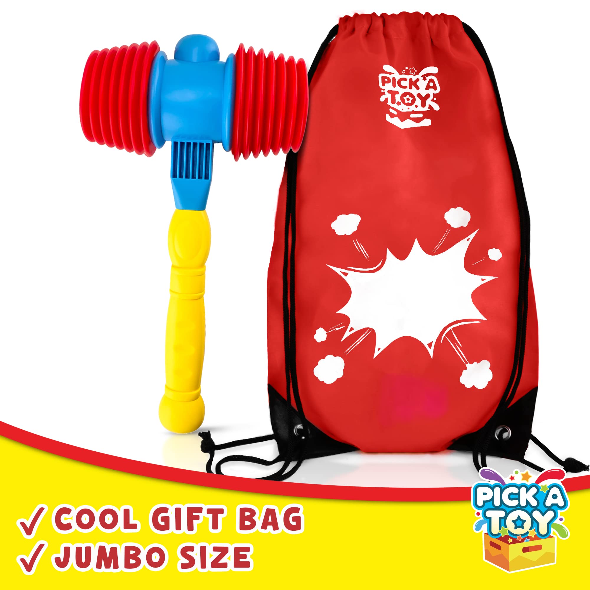 Squeaky Hammer Toy for Kids, 14” Long with Soft Plastic Mallet, Fun Birthday Party Favor for Carnival, Circus, and Whack a Mole Games, Interactive Pounding Action, Red Carry Bag
