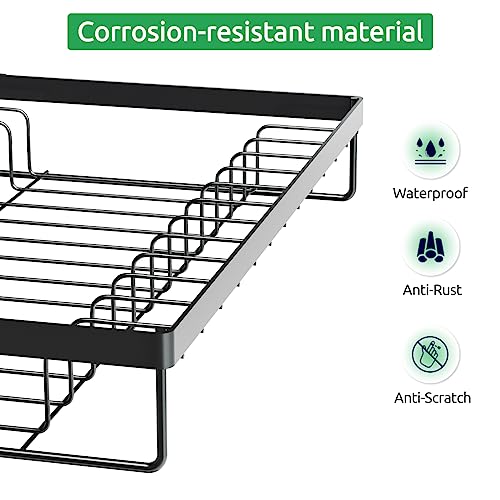 KOOTETA Dish Drying Rack, 2-Tier Dish Rack for Kitchen Counter, Space Saving Kitchen Drying Rack, Dish Dryer Rack with Drainboard, Utensil Holder and Cup Holders, Black