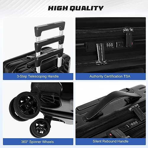 ioiohahaun 20 Inch Carry On Luggage with Pocket Compartment - PC Hard Suitcase with USB Port - 22x14x9 Travel Luggage Airline Approved - Black