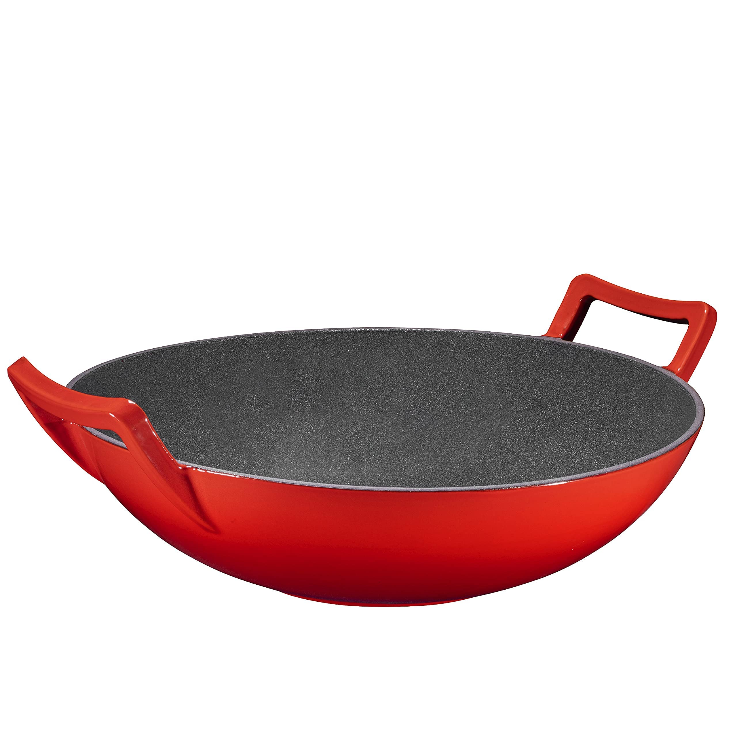 Bruntmor 14 Inch Enameled Cast Iron Wok/Pot. 14" Nonstick Enamel Skillet Pan With Large Loop Handles & Flat Base. Cookingware For Kitchen/Indoor/Outdoor Camping. (Red)