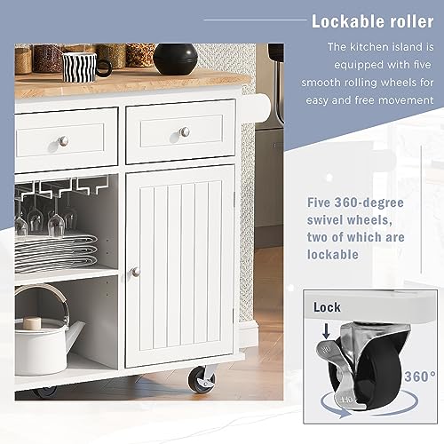 Lunanniu Rolling Kitchen Island with Power Outlet Drop Leaf Wine Glass Holder- 5 Wheels Side Storage Cabinet & Drawers for Home Kitchen Room Rubber Wood Top Moveable Portable Kitchen Cart White