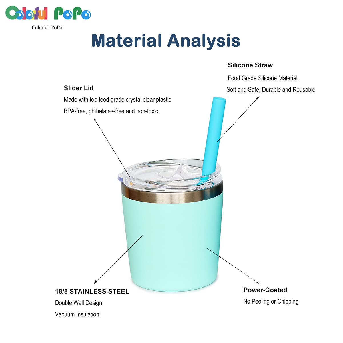 Colorful PoPo Cute Stainless Steel kids Cup with Lids, Silicone Straw Cup for Toddlers, Mini Insulated Stackable Tumblers for Smoothie Milk, Set of 2 (Pink Purple, 8 OZ)