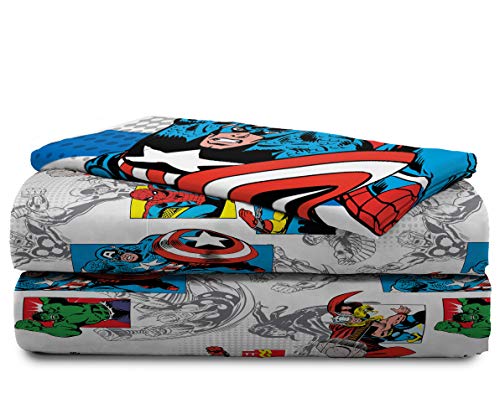 Jay Franco Marvel Comics Full Sheet Set-Features Captain America, Hulk, Iron Man, Spiderman, and Thor, Good Guys Blue