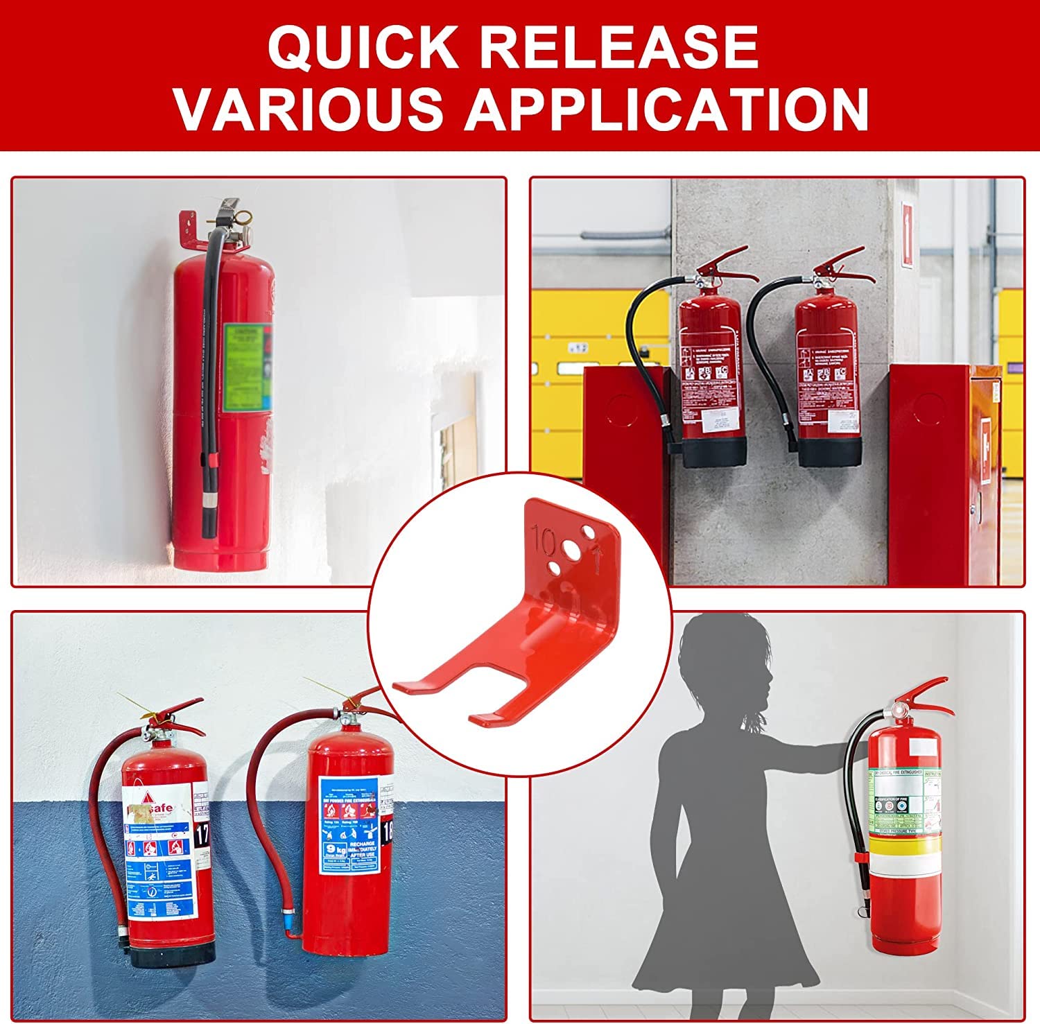 Fire Extinguisher Bracket, Fork Style Hanger for Fire Extinguishers Neck Under 1.1 inch, Wall Hook Bracket with Valve Body Slots, for 5lb-15lb Dry and Water Extinguishers (Red, 4 Pack)