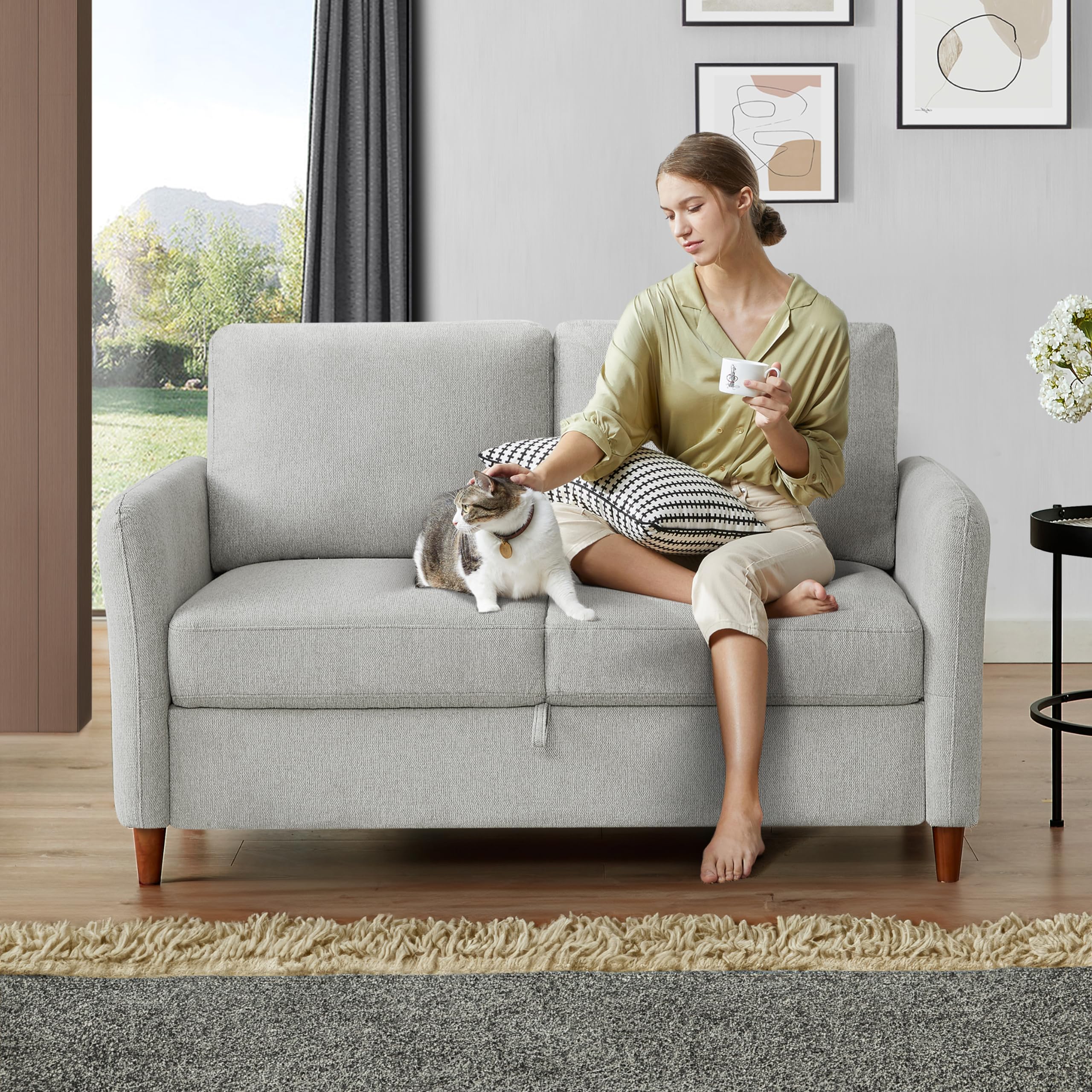 HOLYFIND Modern Loveseat Sofa Couch with Storage,Upholstered Small Couch,Mini Couch Furniture for Bedroom, Apartment, Office and Small Spaces(Light Gray, 56.5''-2seat)