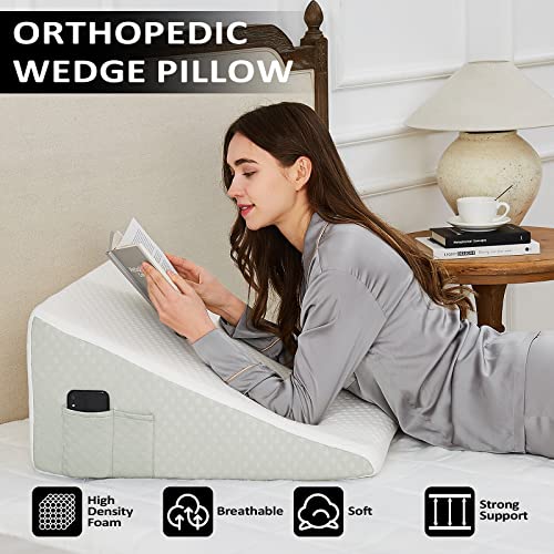 HomeMate Bed Wedge Pillow for Sleeping,Upgraded 12 Inch Foam Wedge Pillow for After Surgery Acid Reflux Snoring Gerd Heartburn,Triangle Pillow Wedge for Head, Back , Leg Support with Washable Cover