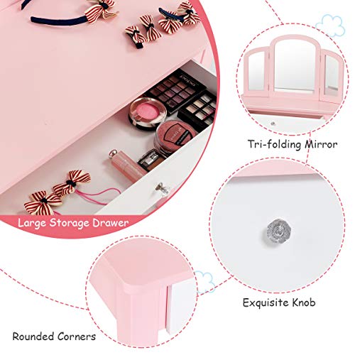 KOTEK Kids Vanity Set w/Tri-Folding Mirror, Princess Makeup Dressing Table w/Detachable Top & Drawer, 2-in-1 Vanity Table and Chair Set, Pretend Beauty Play Vanity for Girls (Pink)
