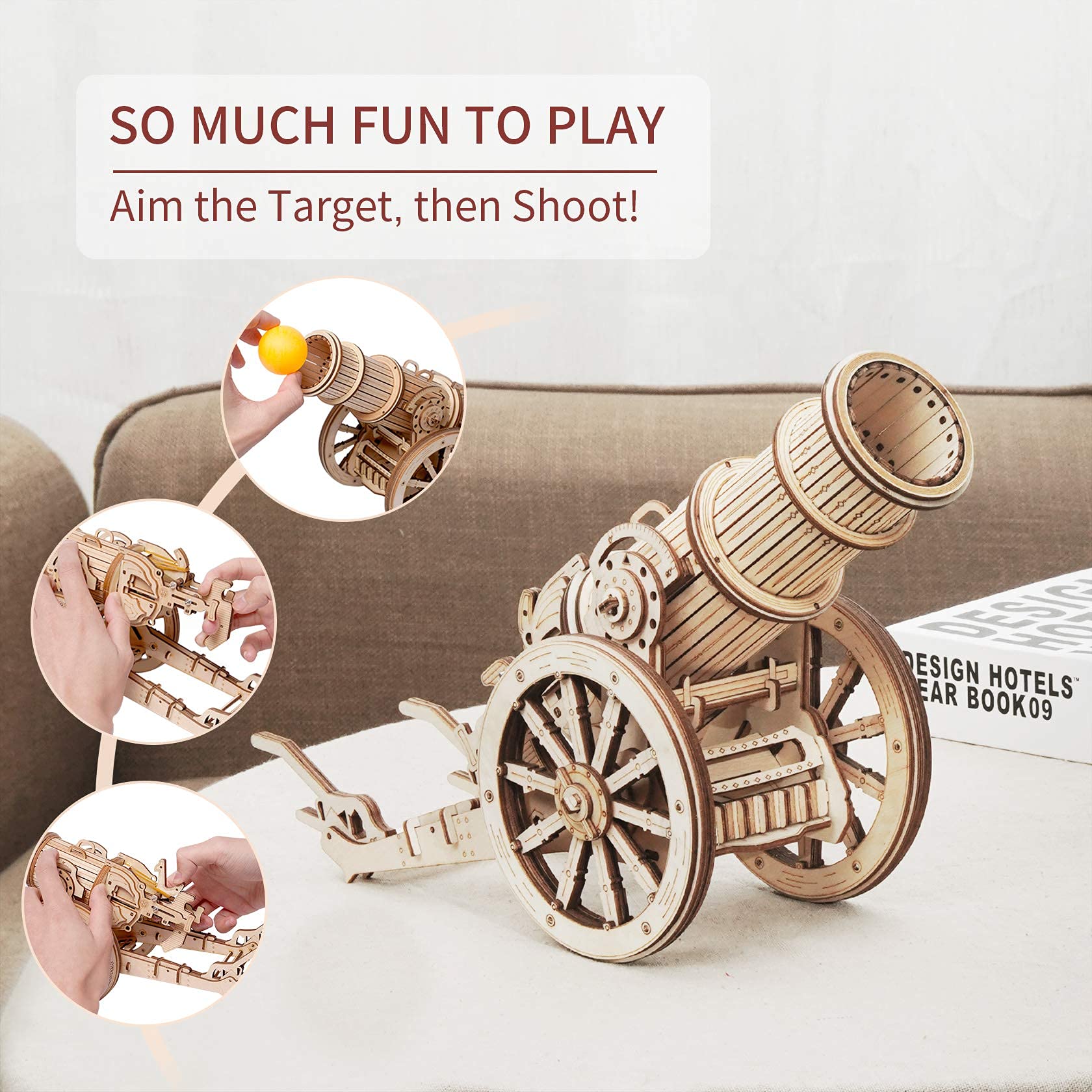 ROBOTIME 3D Wooden Puzzles for Adults, Cannon Toy Wooden Catapult Model for Adults to Build, STEM Projects Educational Toy for Kids