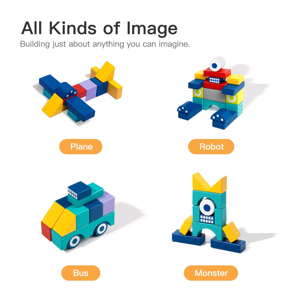ROBUD Wooden Building Blocks Set for Toddlers Kids, Stacking Toy Gift for Boys and Girls Ages 3-8 Years Old - 100 PCS