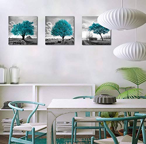 Canvas Wall Art for Bedroom Black and White Farmhouse Rustic Country Landscape Teal Trees Picture Wall Decor Modern Framed Artwork 3 Pieces