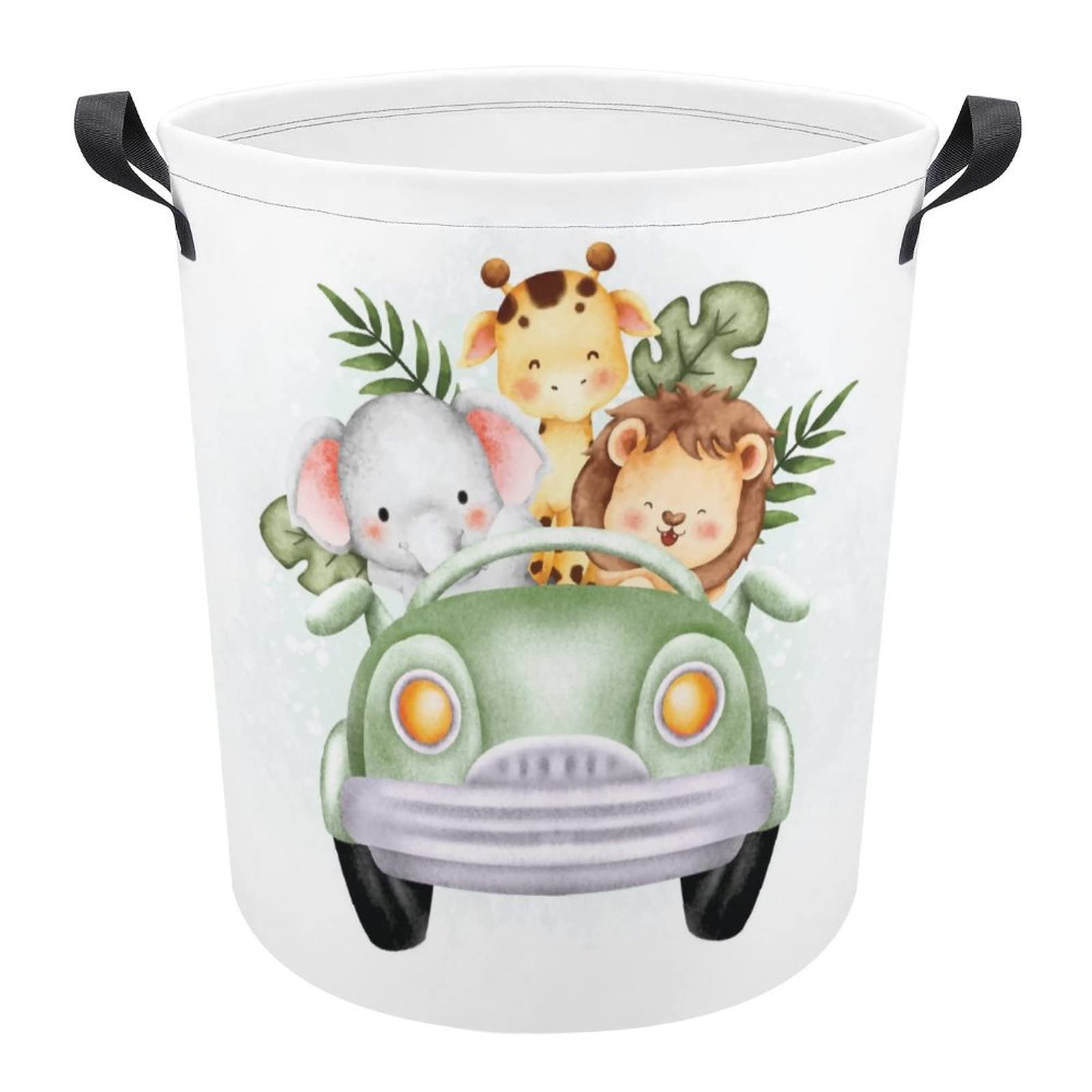 FISNAE Cute Safari Animals in Car Laundry Baskets Lion Elephant Giraffe Small Laundry Hamper-Collapsible Storage Bin with Handles Round Toy Organizer Bin for Room,Office,Nursery Hamper, Home Decor