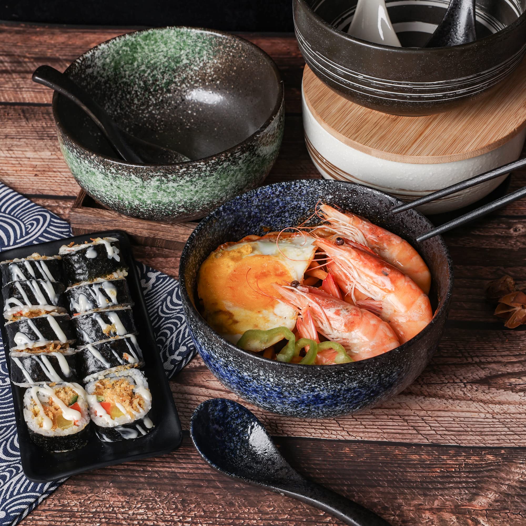 Cteaffee 38 OZ Large Ceramic Ramen Bowls Sets, Japanese ramen bowls, soup bowl, noodle bowls with Spoons and Chopsticks For Salad, Rice, Noodles, Microwave & Dishwasher Safe (Ramen bowl set)