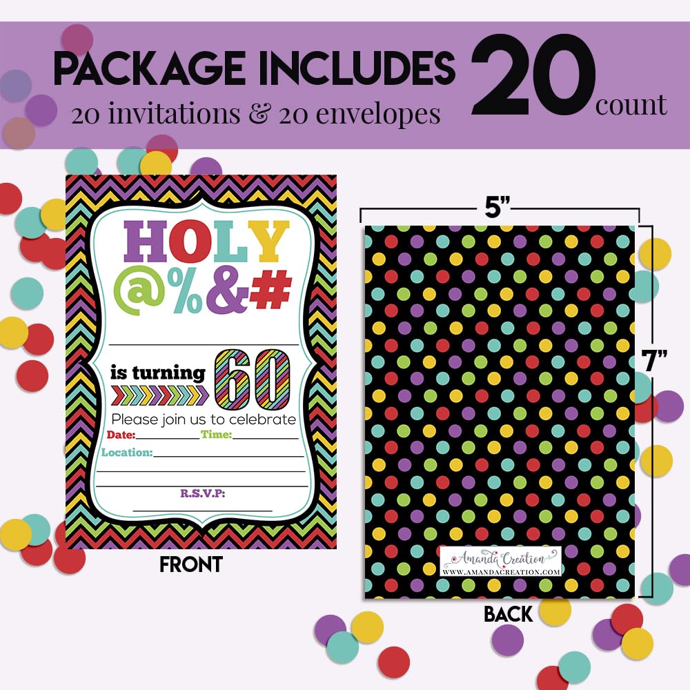 HOLY @% 60th Birthday Party Invitations, 20 Funny 5x7 Fill In Cards with Twenty White Envelopes for Milestone Birthdays by AmandaCreation