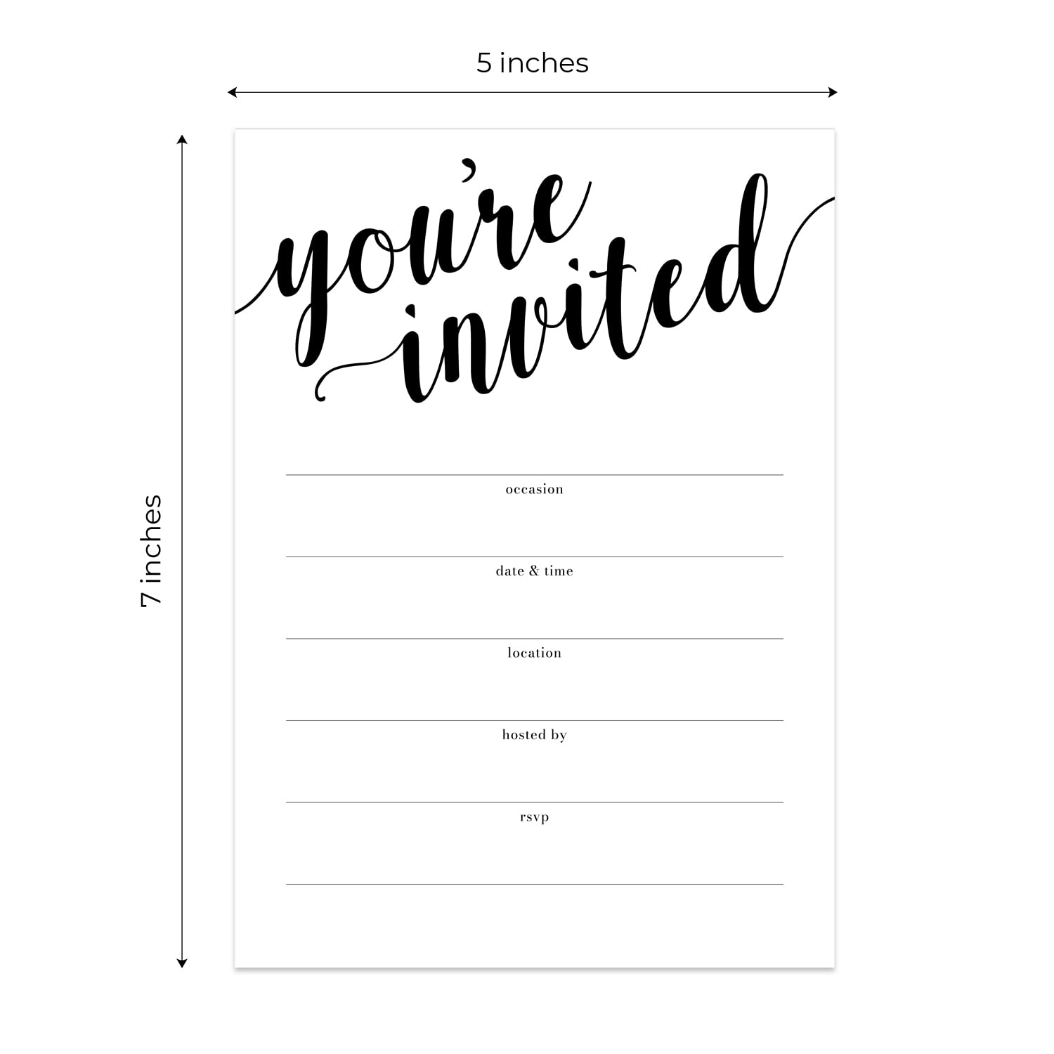 Canopy Street Black And White All Occasion Script Invitations / 25 Fill In General Use Invites / 5" x 7" Flat Modern Shower Party Or Event Invitation/Made In The USA