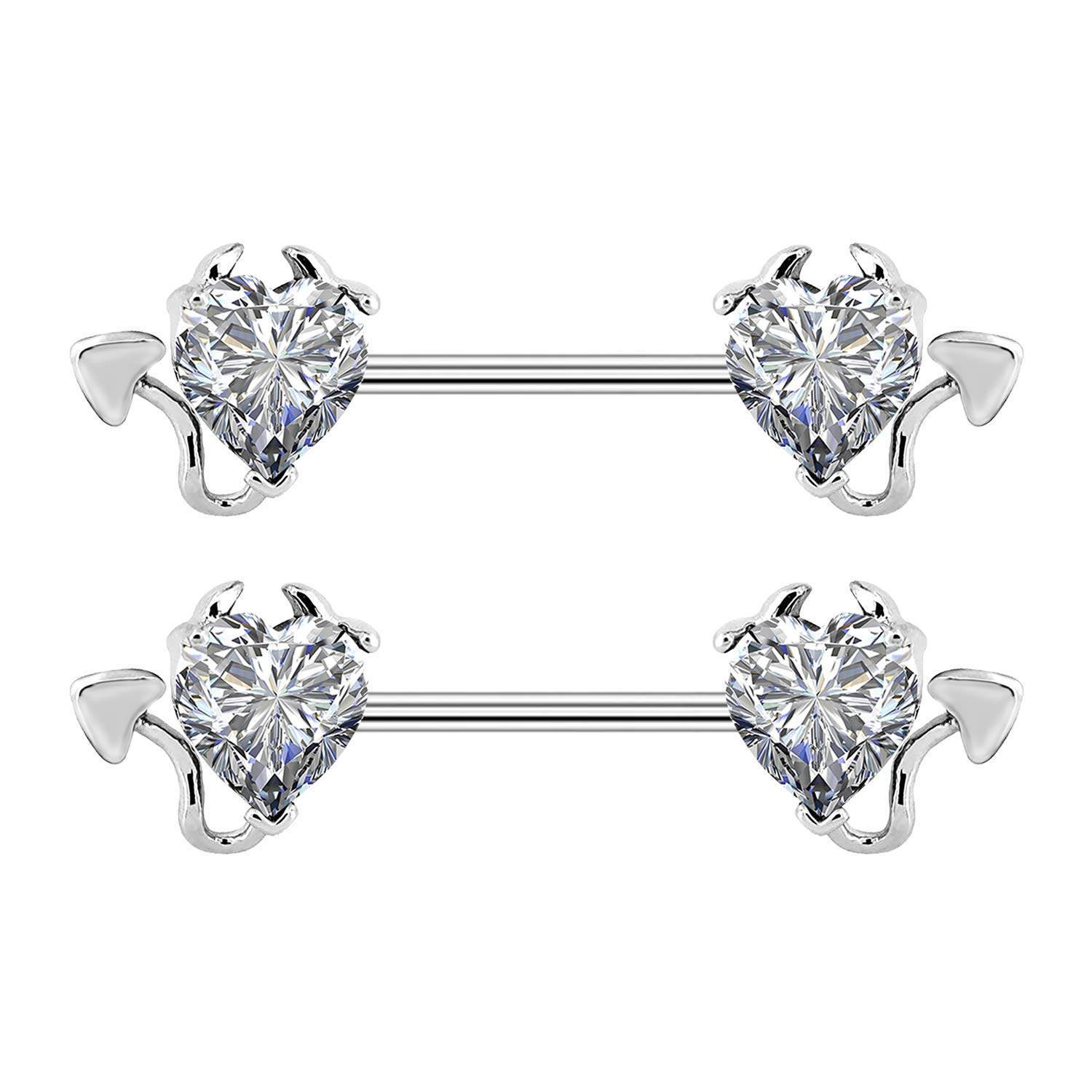 CHARM ONLINE 2PCS Devil Heart Nipple Rings Barbell 14G 316L Surgical Steel Nipple Piercing for Women
