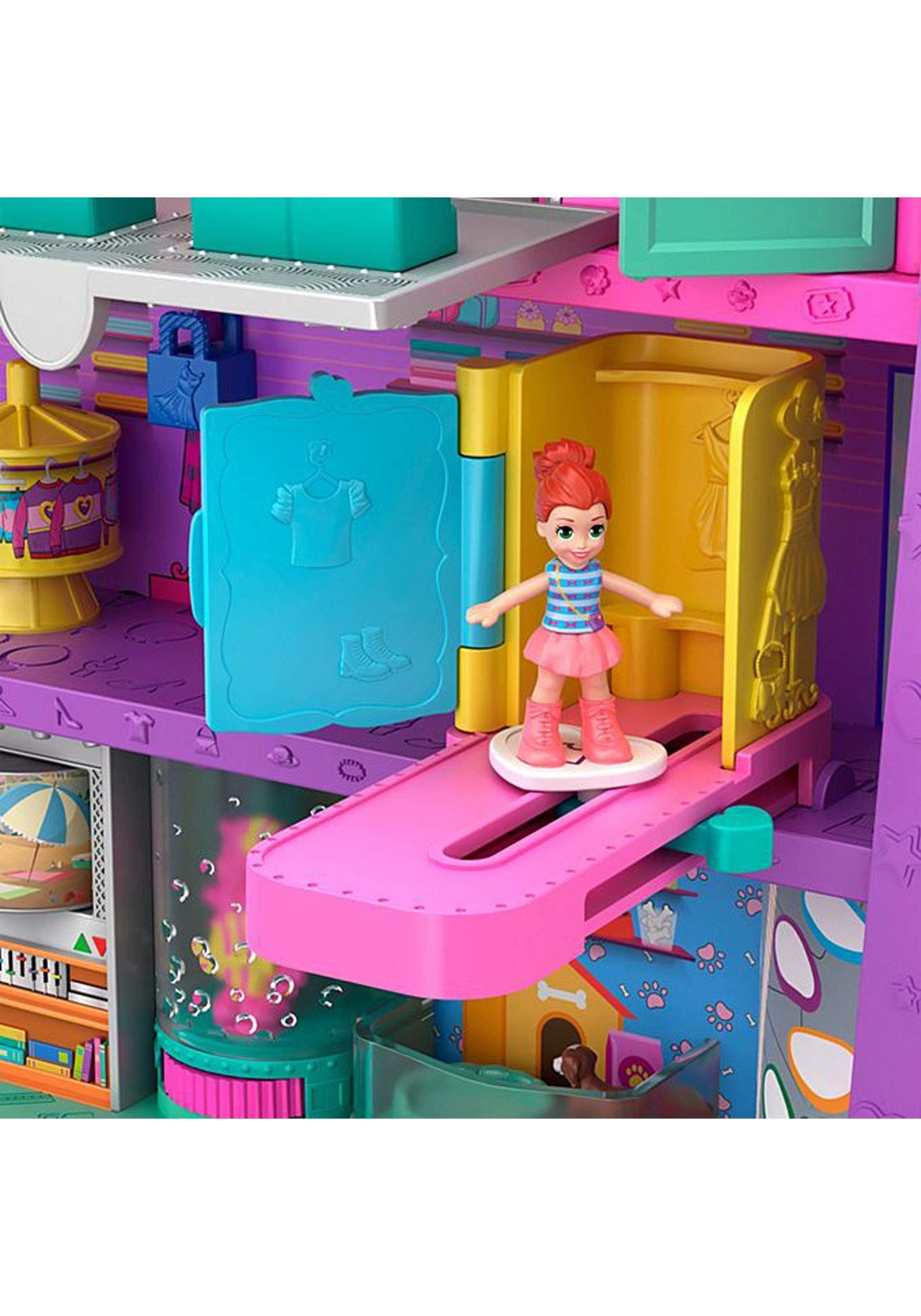 Polly Pocket Mega Mall with 6 Floors, Elevator, Vehicle, Parking Garage, Micro Polly & Lila Dolls, Dog & Storytelling Play Pieces; for Ages 4 and Up