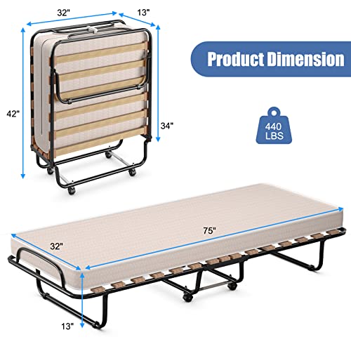 KOMFOTT Folding Rollaway Bed with Mattress, Foldable Bed with Memory Foam Mattress for Adults, Portable Fold Up Guest Bed with Sturdy Steel Frame on Wheels for Home & Office, Made in Italy (Beige)