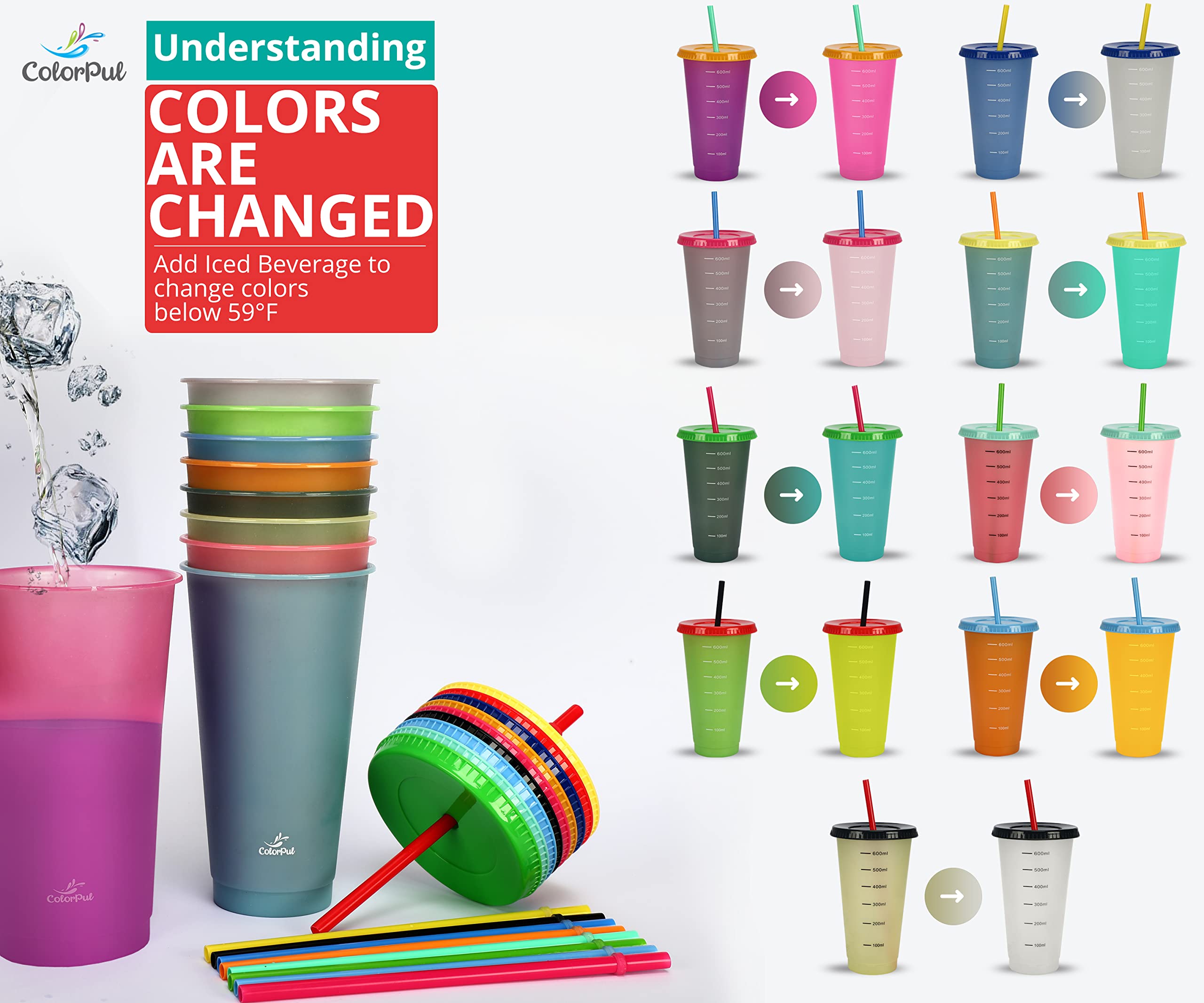 COLORPUL 24oz Plastic Tumblers - 9 Pack Color Changing Cups With Lids and Straws - Reusable Smoothie Cups for Kids