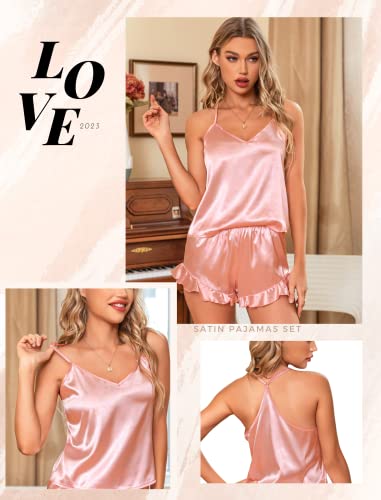 Leikar Silk Pajamas For Women Cute Cami Pajamas Sexy Satin Sleepwear Pink Gold