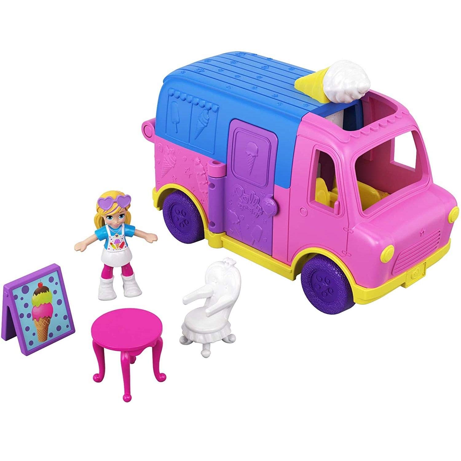 Polly Pocket Pollyville Transforming Ice Cream Truck with Ice Cream Flavor Display, Table, Chairs, Micro Polly Doll & Accessories
