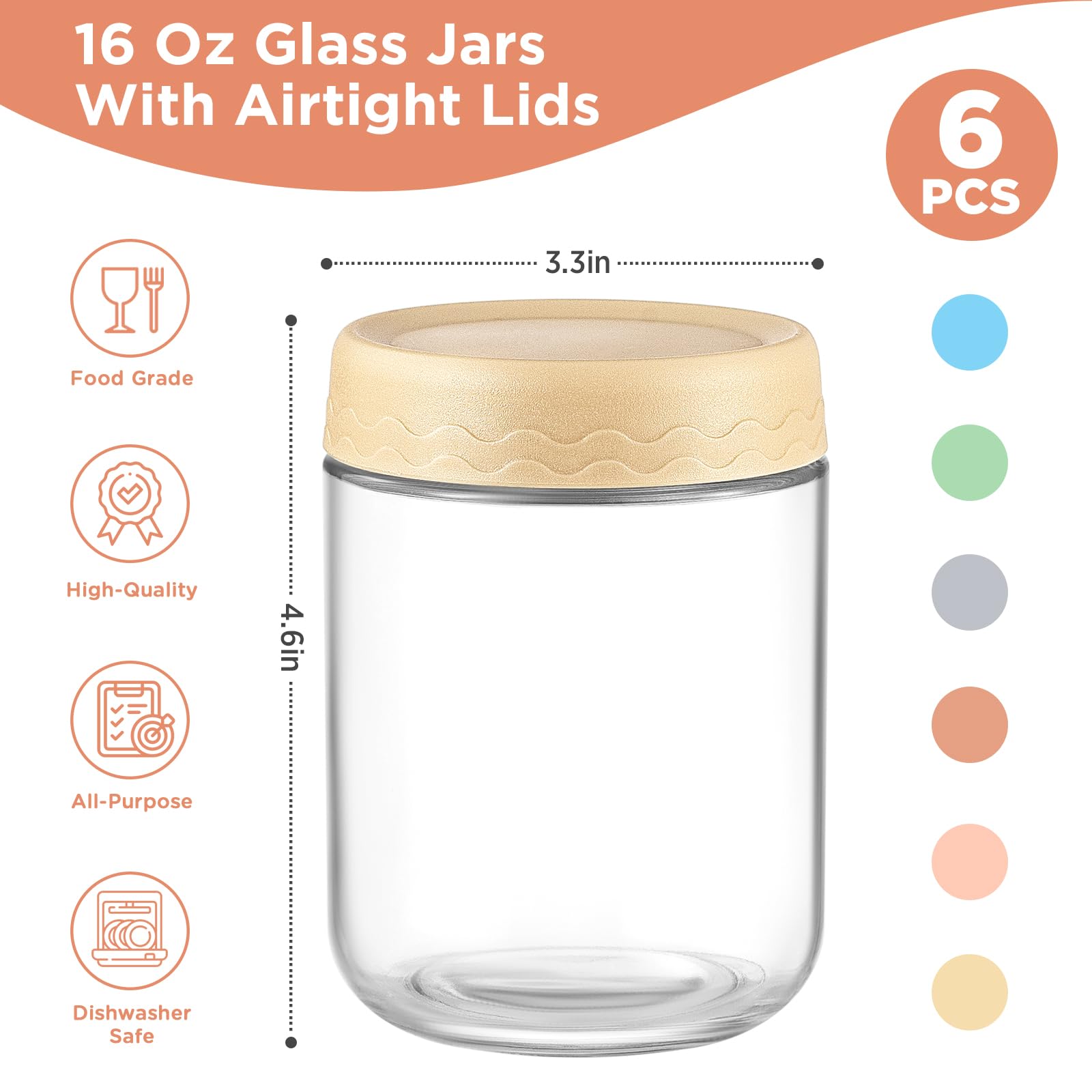 DRKIO 16 Oz Overnight Oats Containers with Lids - 6 Pack Glass Storage Jars with Airtight Lids Wide Mouth Mason Food Jars Great for Meal Prep Salad Chia Pudding Snacks Yogurt Sugar Spice Cereal
