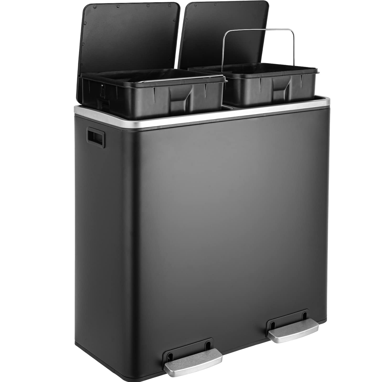 Clevich Metal 16 Gallon/60-Liter Trash Can, Double Compartment Classified Step Trash Can with Lid, includes 2 x 8 Gallon (60L) Removable Buckets, Airtight Rubbish Bin for Kitchen (Black)