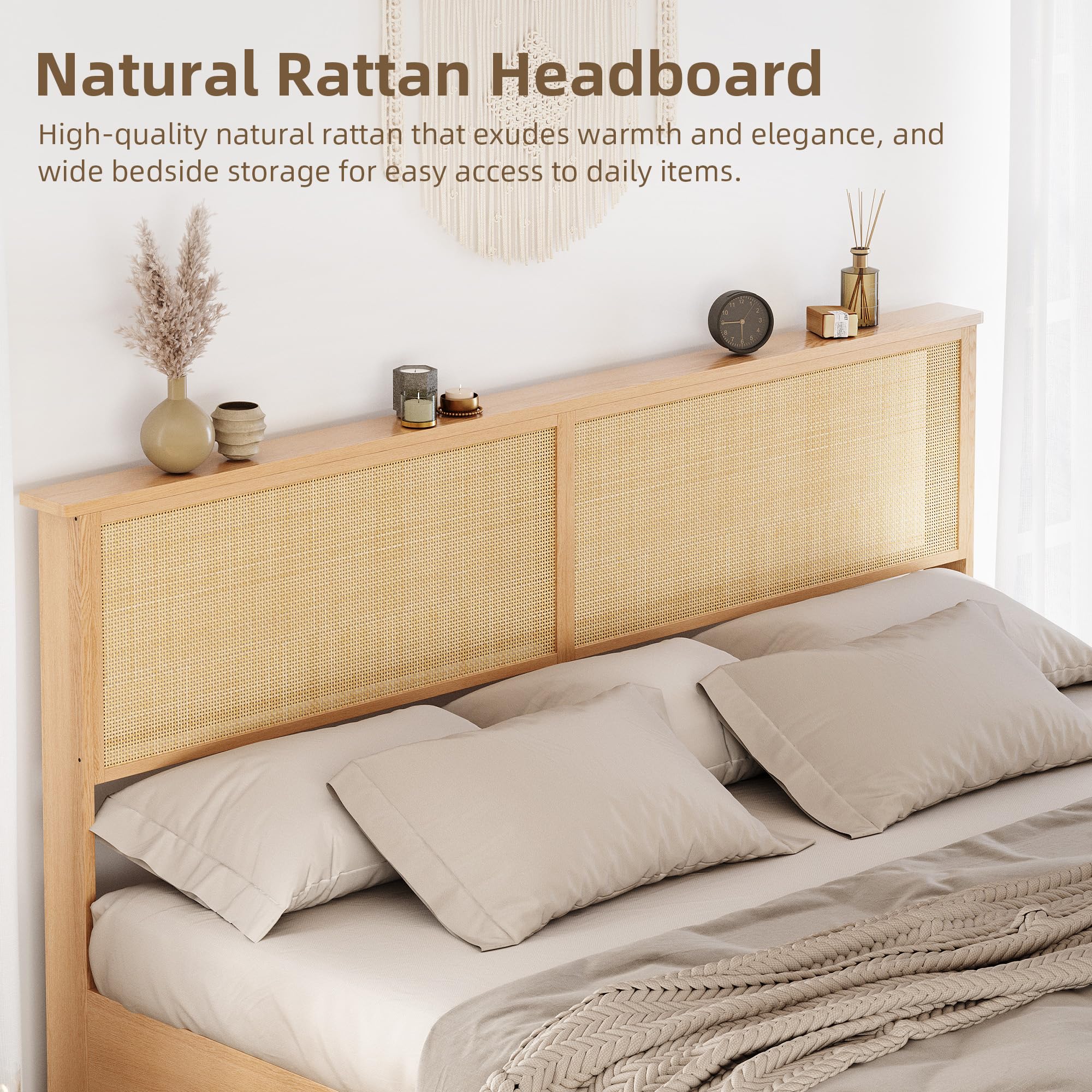 GarveeHome Natural Rattan Full Size Bed Frame with Sliding Barn Door Storage Cabinets and Headboard, Boho Farmhouse Wood Platform Bed with Solid Wood Legs Support, No Box Spring Needed