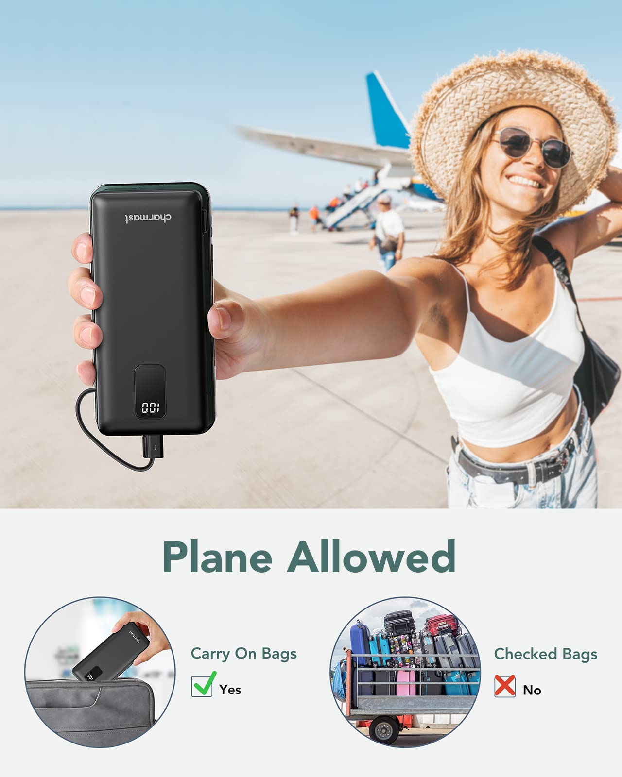 Charmast Portable Charger with Built-in Cables and AC Wall Plug, 10000mAh Compact Slim Power Bank, External Battery Pack, Travel Essentials Compatible with iPhone, Samsung, iPad, All Cellphones