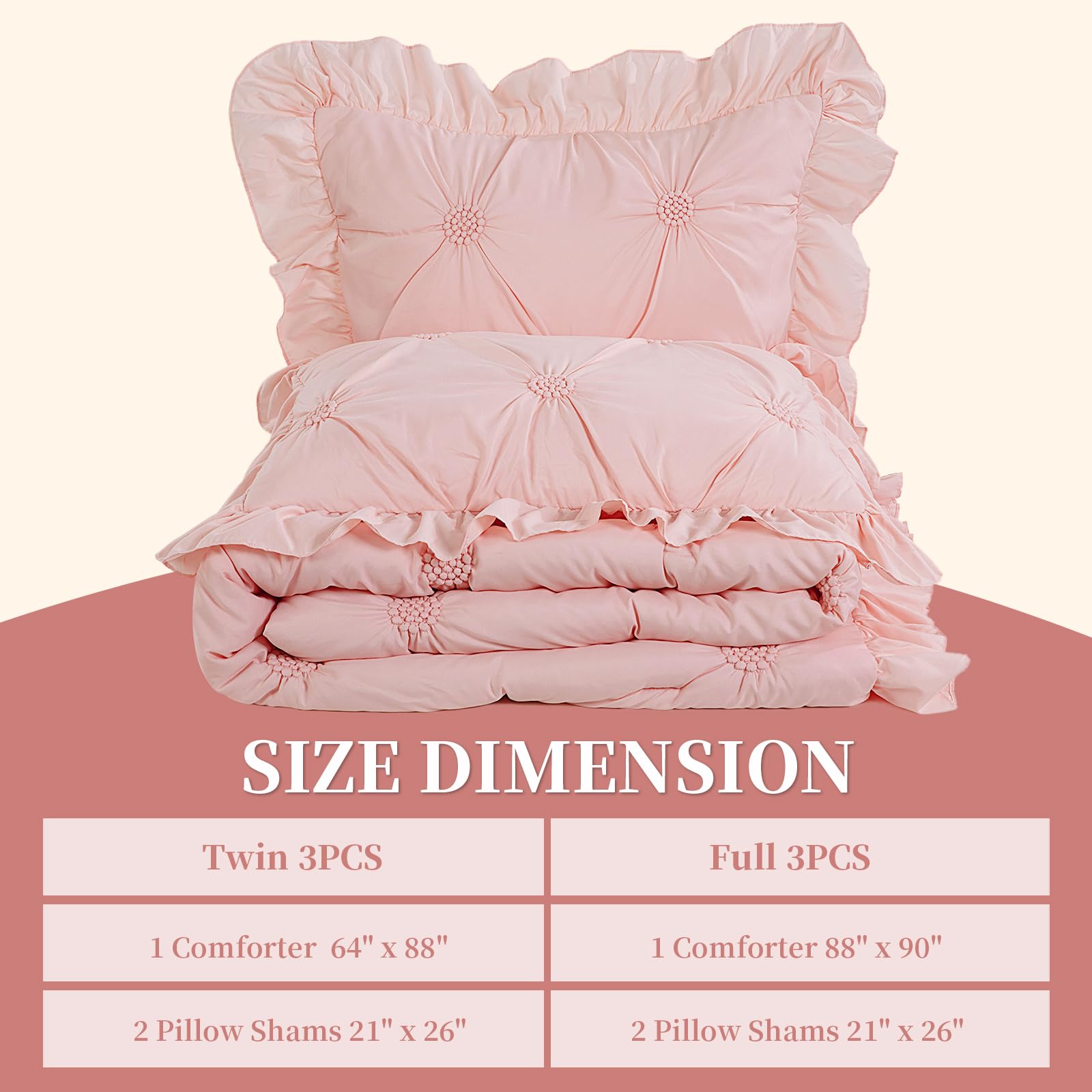 HOMBYS Pink Bedding Comforter Set for Girls, 3 Piece Blush Pinch Pleat Comforter Set with Ruffles for All Season,Twin Size