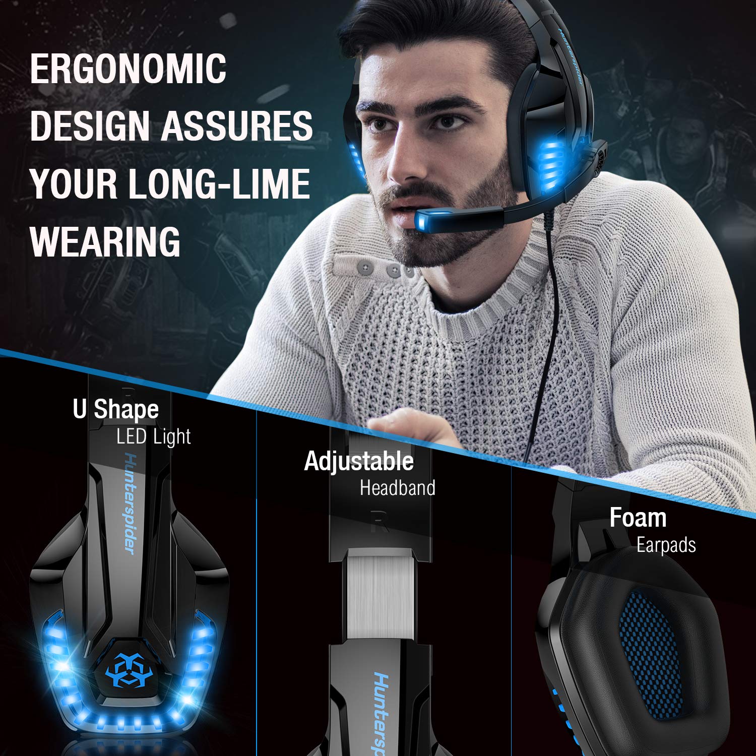 CLEVO Gaming Headset, PC PS4 Headphone with Microphone Stereo Sound - Noise Cancelling Over-Ear Headphones with Mic 3.5mm Jack Volume Control LED Light
