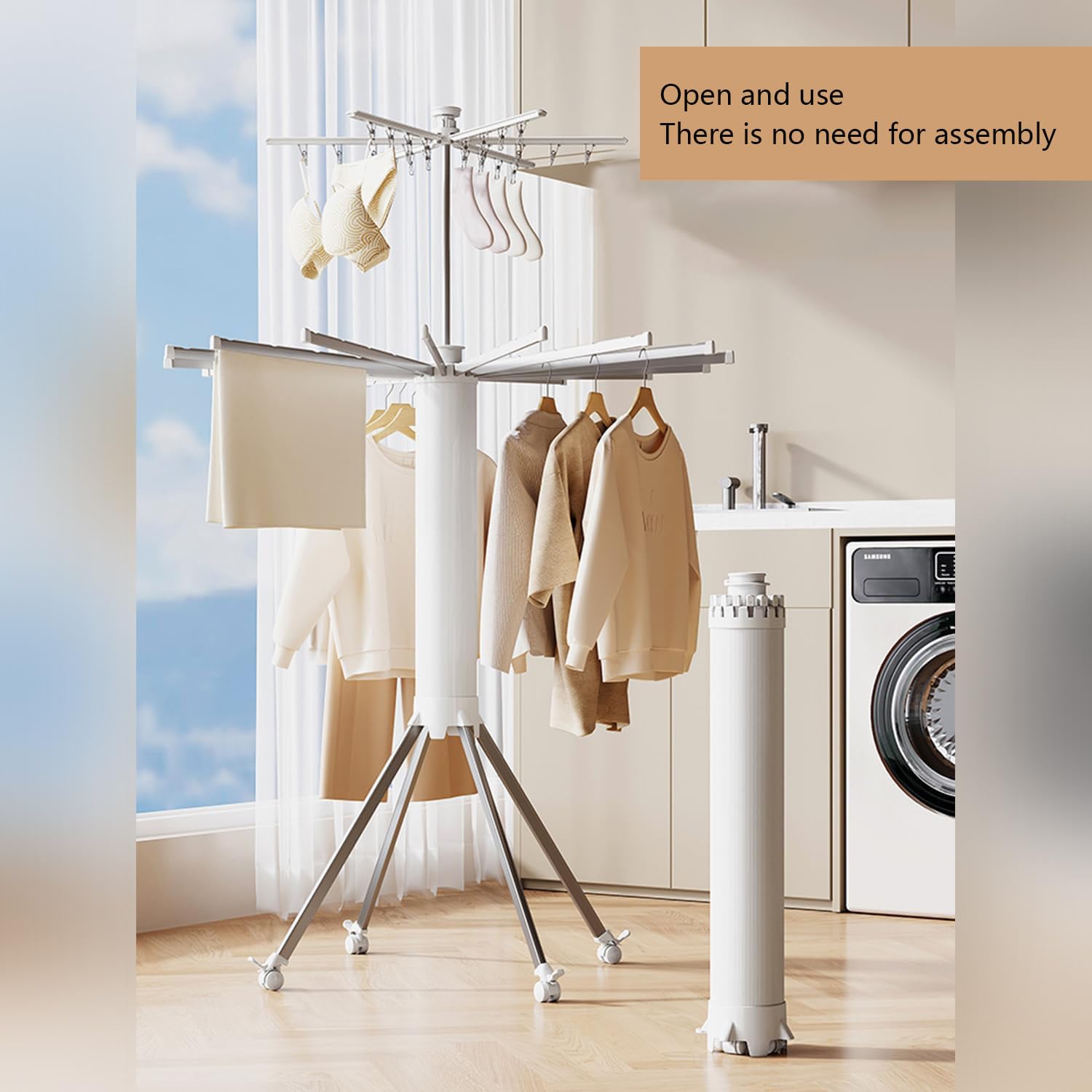 gooatry Double-Layer Four-Foot Clothes Drying Rack,Foldable Portable Clothes Rack with Four Wheels,Drying Garment Rack-16+6Arms for Hanger,Space Saving (Aluminum), Silver