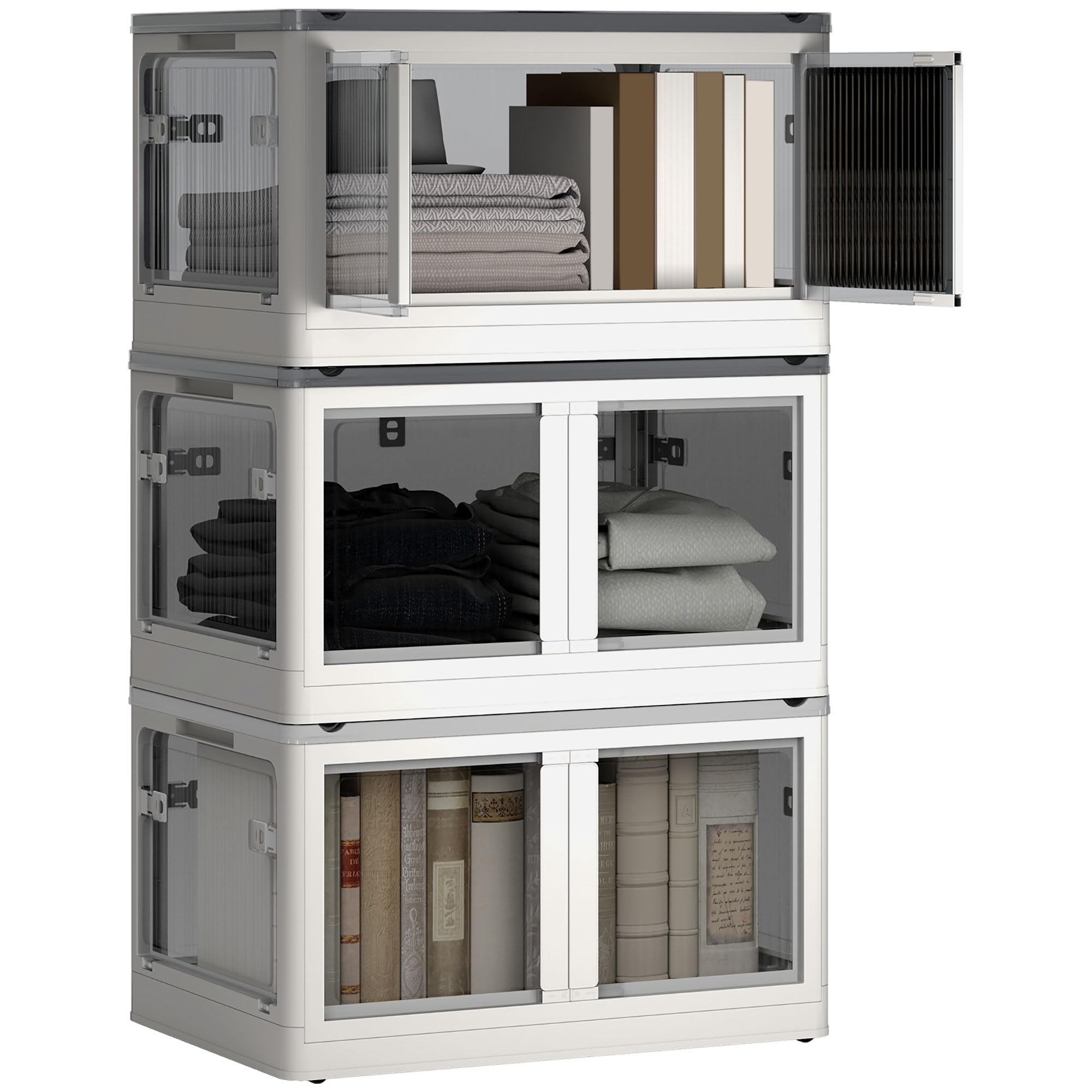 HOMCOM 32 Gal Stackable Storage Bins with Lids, 3 Packs Collapsible Closet Organizers and Storage, Plastic Drawer Storage Container on Wheels with 5-Sided Access, Doors for Blankets, White