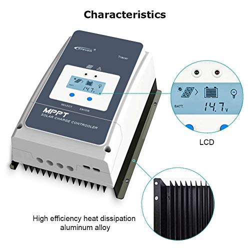 EPEVER 60A MPPT Solar Charge Controller 12/24/36/48VDC Automatically Identifying System Voltage with MT50 Remote Meter & Temperature Sensor RTS & Communication Cable RS485