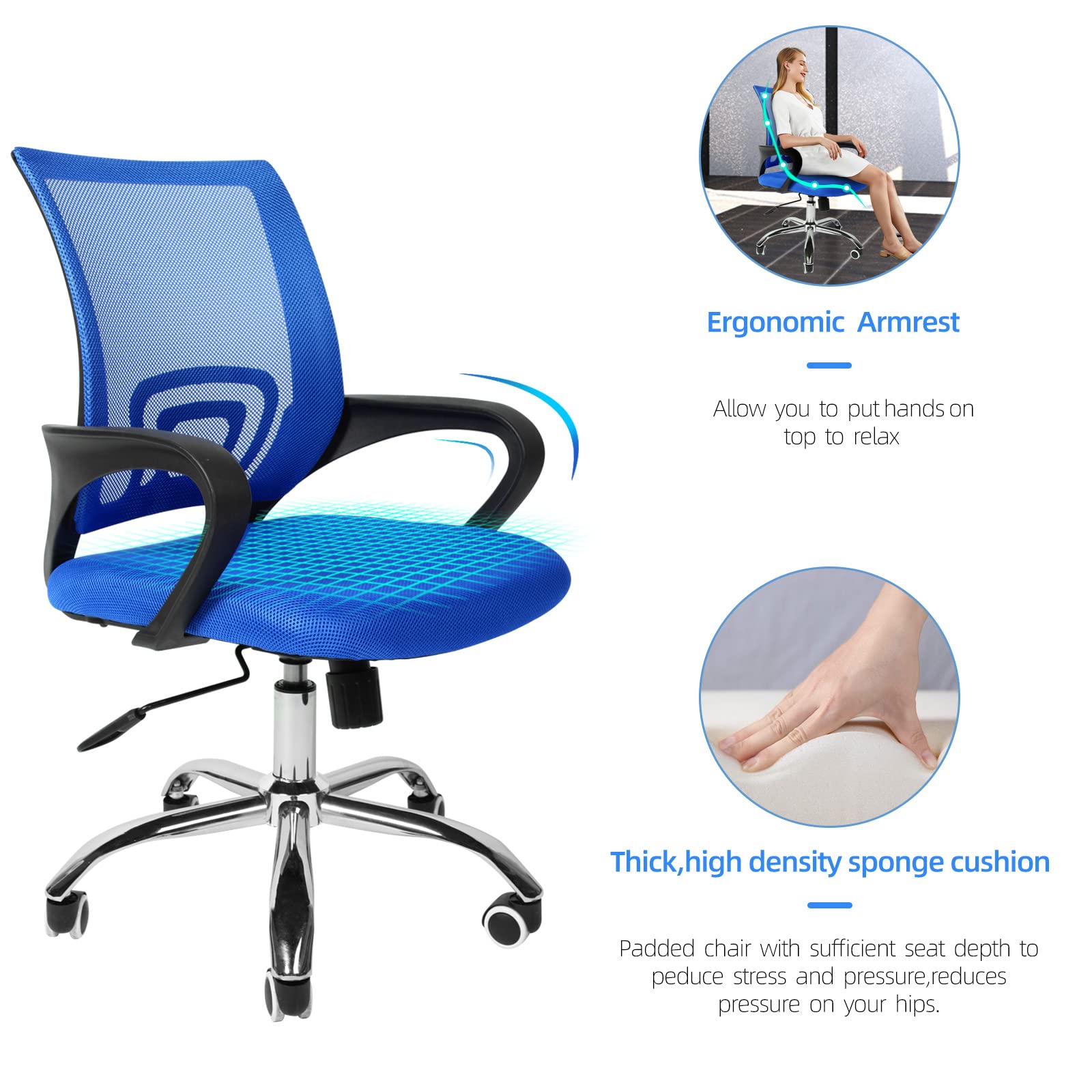 InfiniPower Task Mesh Computer Wheels and Arms and Lumbar Support Study Chair for Students Teens Men Women for Dorm Home Office, Blue