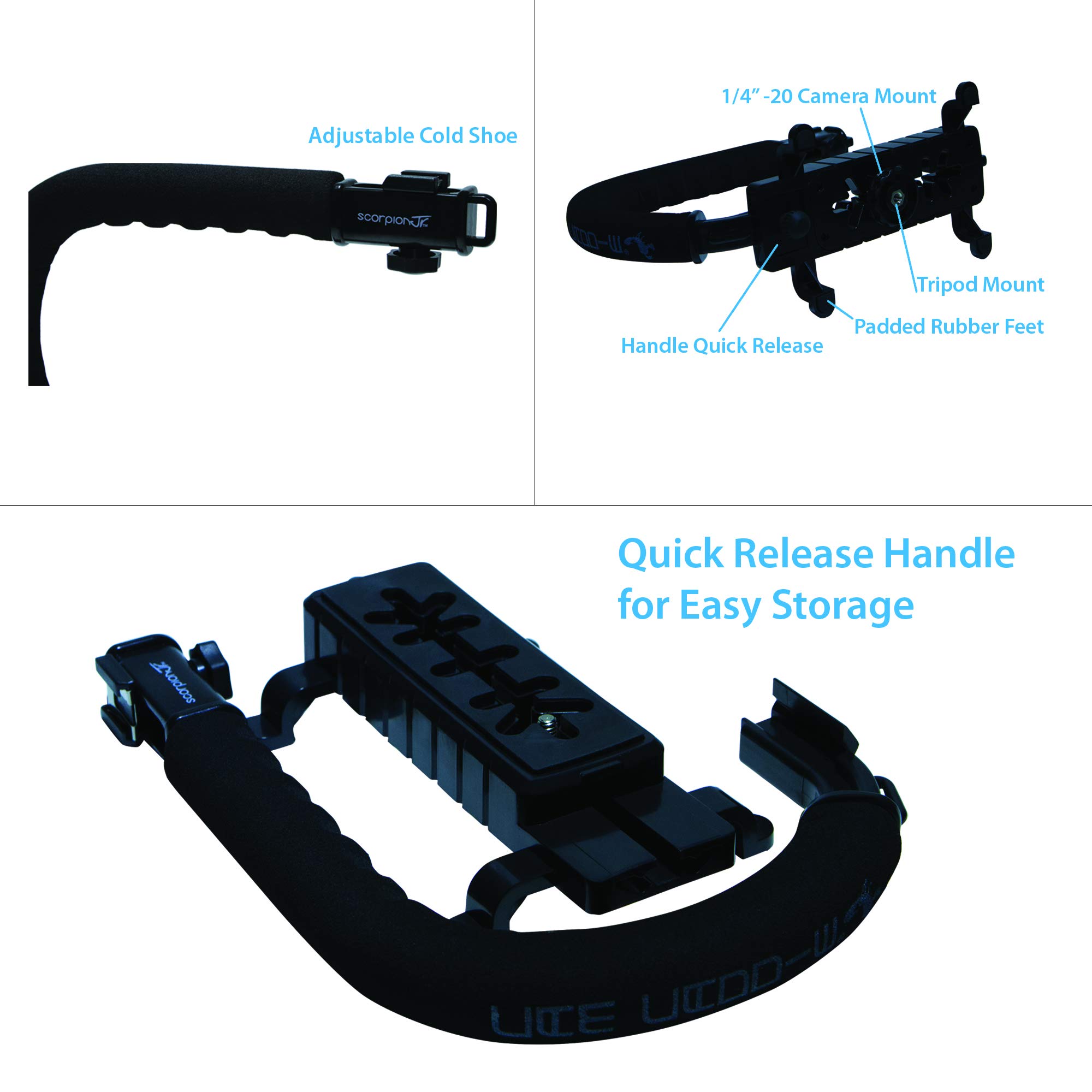 Cam Caddie Scorpion Jr Camera Stabilizer - Collapsible Stabilizing Smartphone Handle for All DSLR, GoPro, Mobile Phones with Integrated Cold Shoe and 1/4-20 Threaded Mounting Knob - Black