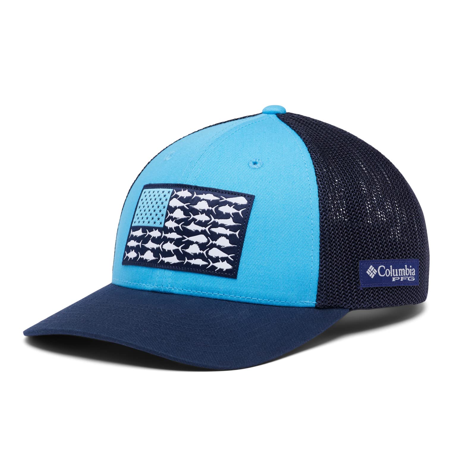 Columbia Unisex PFG Fish Flag Mesh Ball Cap - Low, Riptide/Collegiate Navy/Offshore Slam Flag, Small/Medium