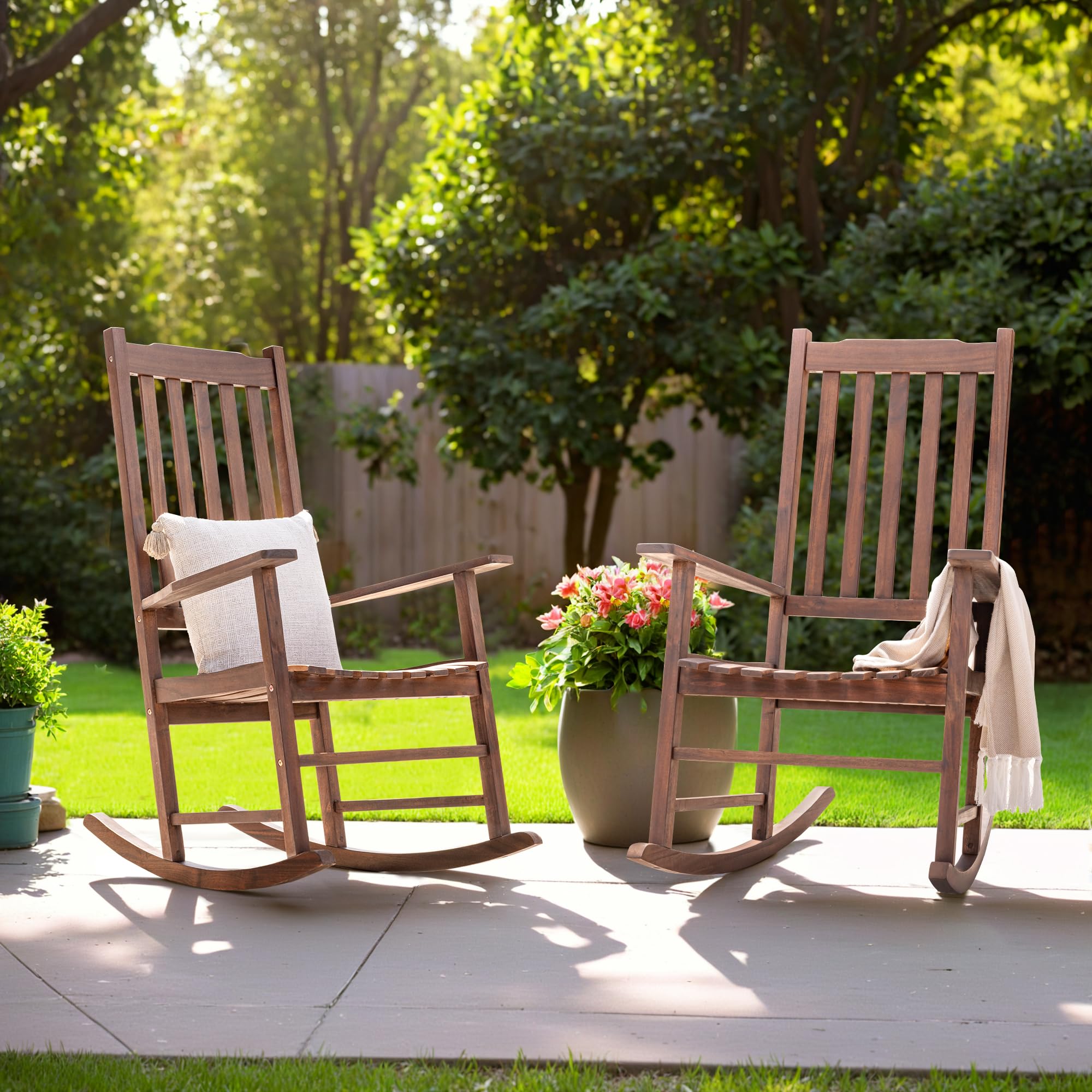 Flamaker Outdoor Rocking Chair Oversized Wooden Patio Chairs with Widened Armrest High Back Porch Rocker for Lawn, Garden, Backyard, Fire Pit (Black)