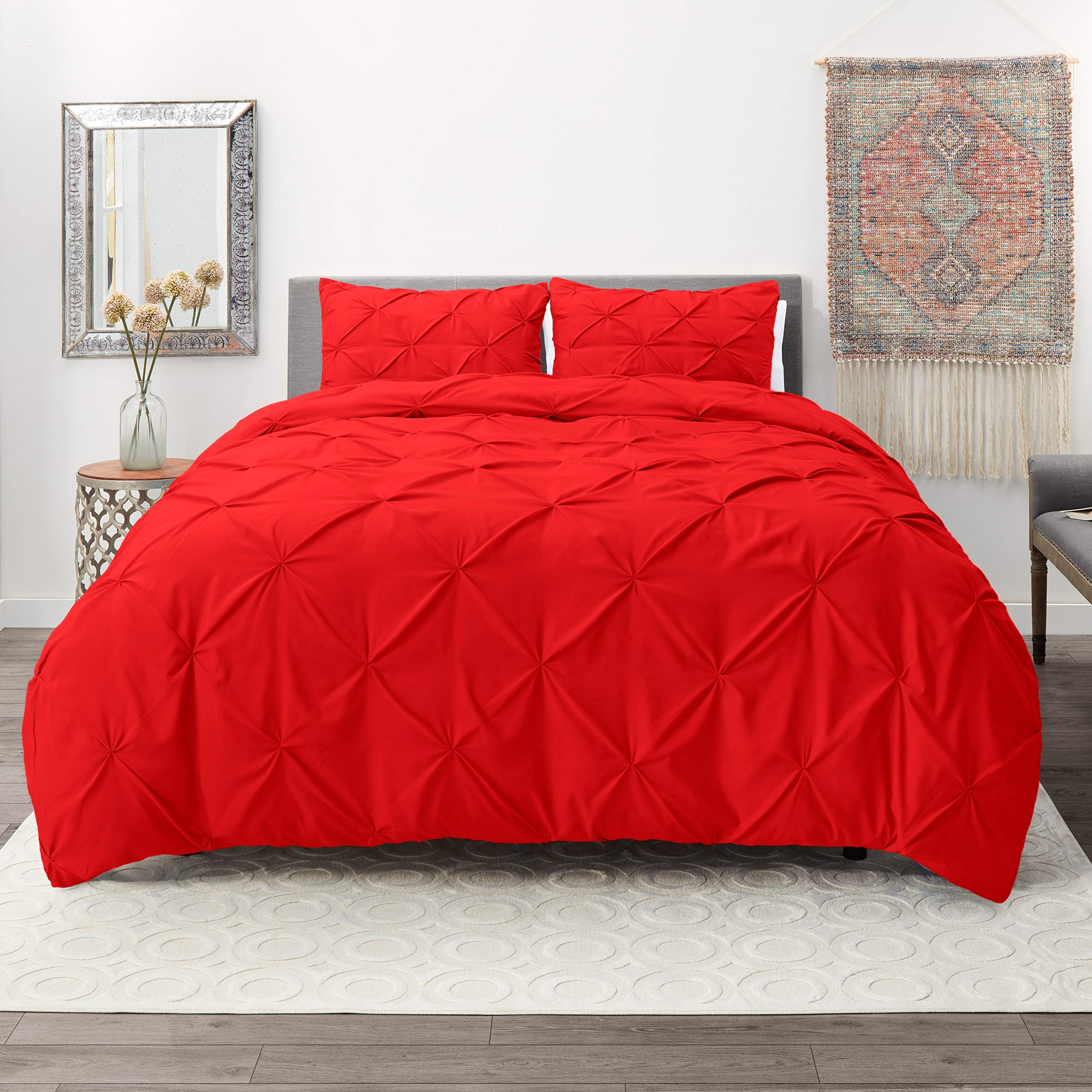 Good Night Bedding Duvet Cover Set - Pinch Pleated 3 Piece Duvet Cover Set 100% Cotton 800 Thread Count with Zipper & Corner Ties Tuffed Pattern Pintuck Decorative (King/Cal King, Red) Duvet Set
