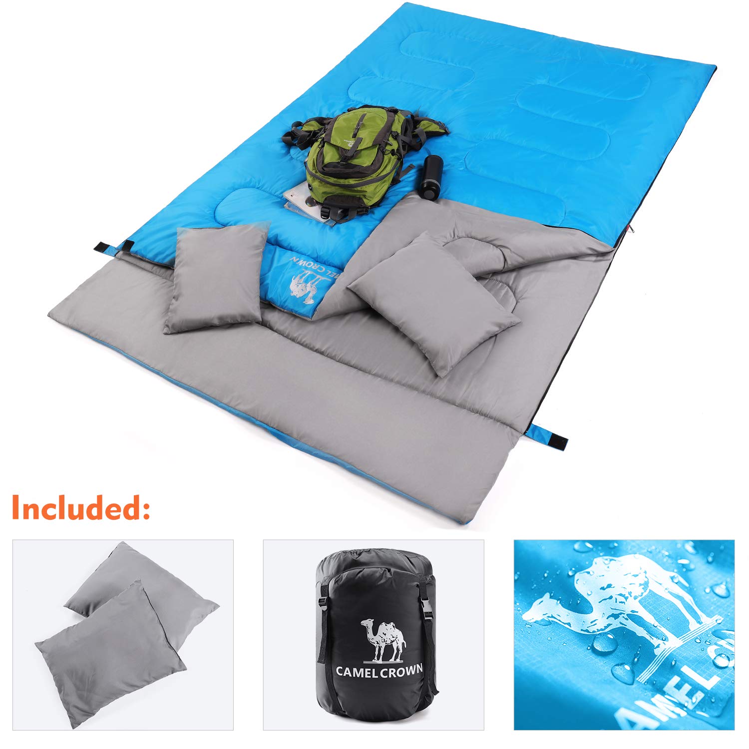 CAMEL CROWN Double/Single Sleeping Bag for Backpacking, Camping, Hiking,Outdoor Activities, Cold Weather 2 Person Waterproof Sleeping Bag for Adults Or Teens.
