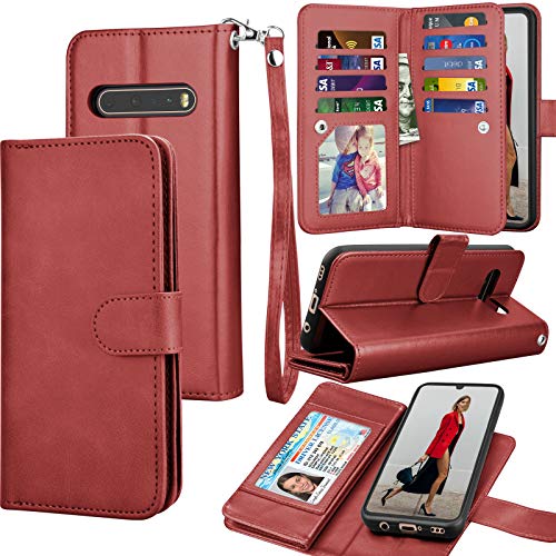Tekcoo Wallet Case for LG V60 ThinQ/LG V60 ThinQ 5G UW, Luxury PU Leather ID Cash Credit Card Slots Holder Carrying Pouch Folio Flip Cover [Detachable Magnetic Hard Cases] Lanyard [Wine Red]